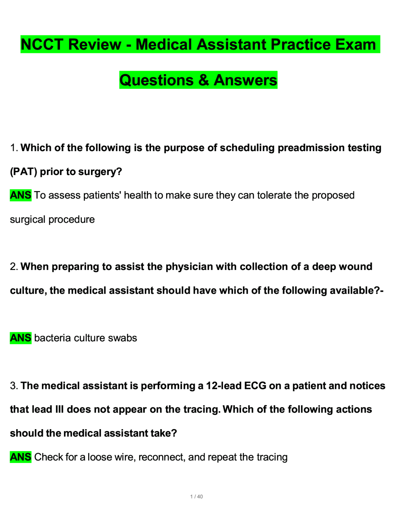NCCT Review Medical Assistant Practice Exam 2025 Questions & Verified ...
