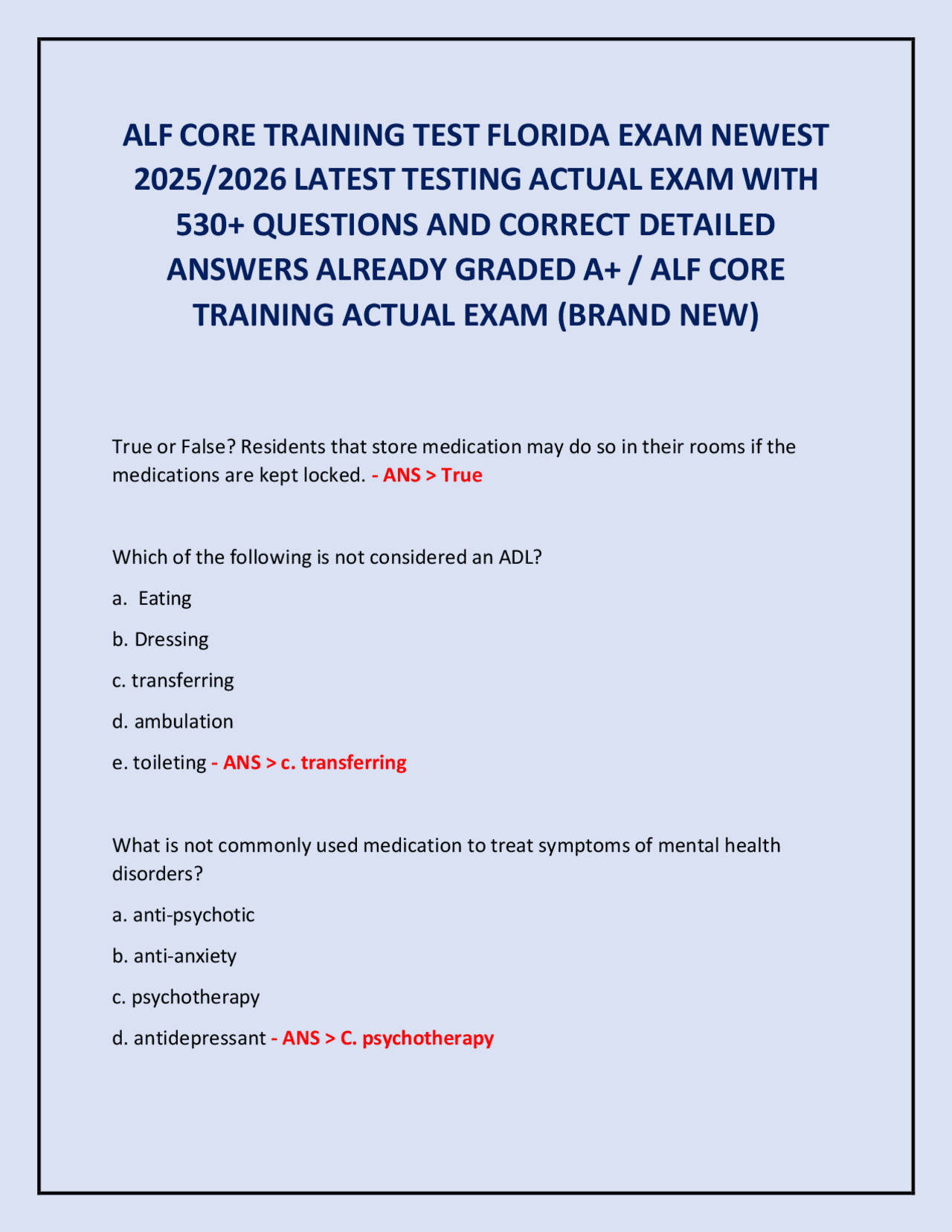 ALF CORE TRAINING TEST FLORIDA EXAM NEWEST 2025/2026 LATEST TESTING ...