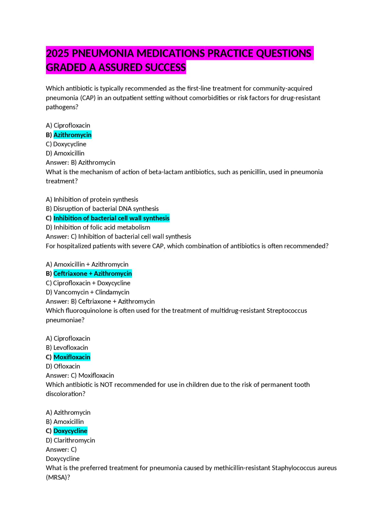 2025 PNEUMONIA MEDICATIONS PRACTICE QUESTIONS GRADED A ASSURED SUCCESS ...