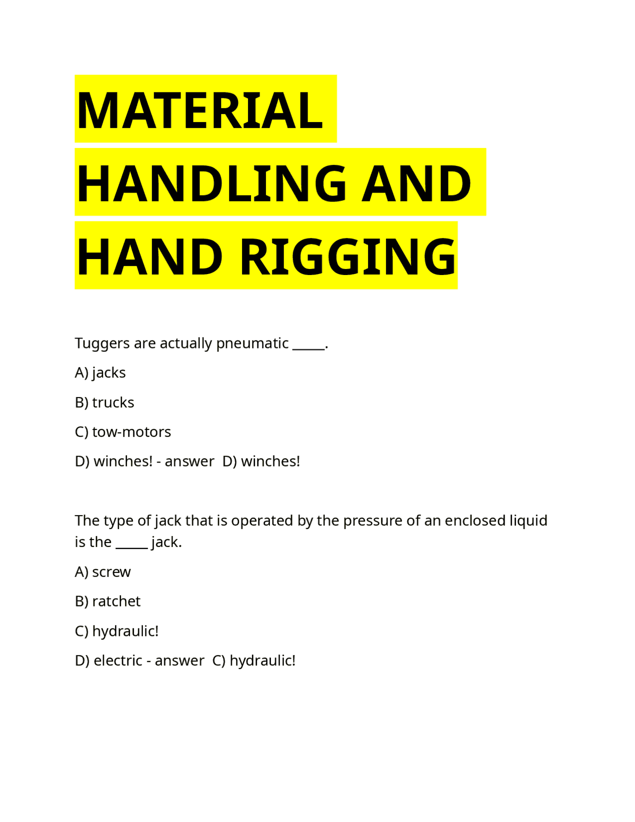 MATERIAL HANDLING AND HAND RIGGING | Exams Biology | Docsity