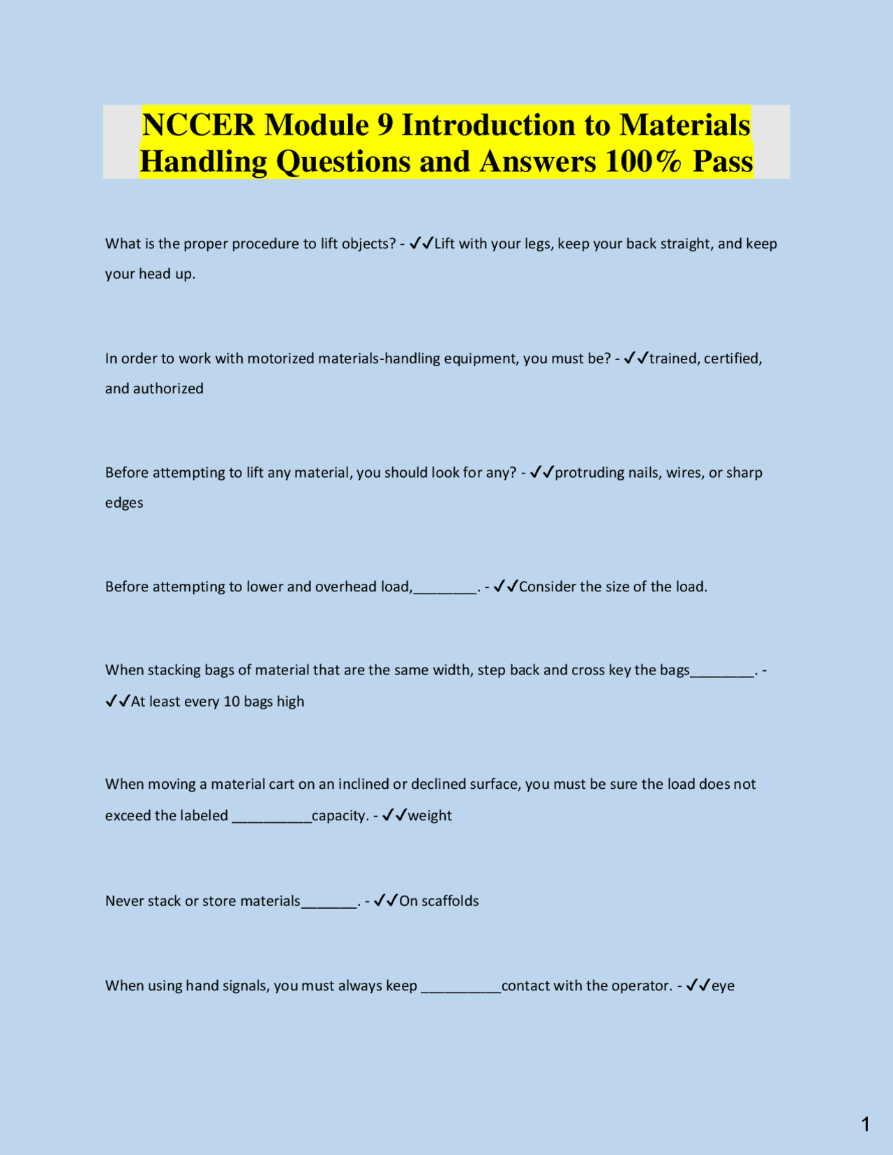 NCCER Module 9 Introduction to Materials Handling Questions and Answers ...