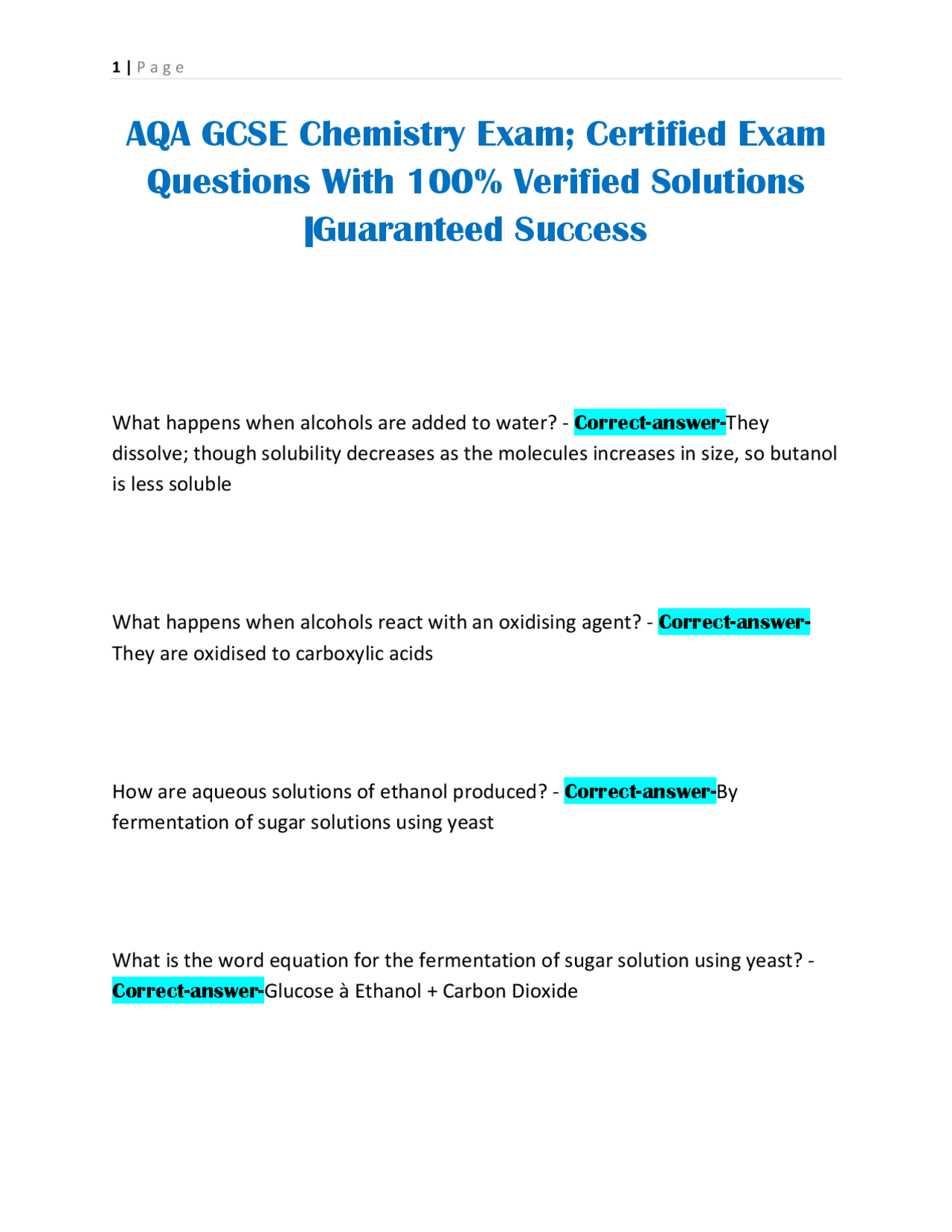 AQA GCSE Chemistry Exam; Certified Exam Questions With 100% Verified ...