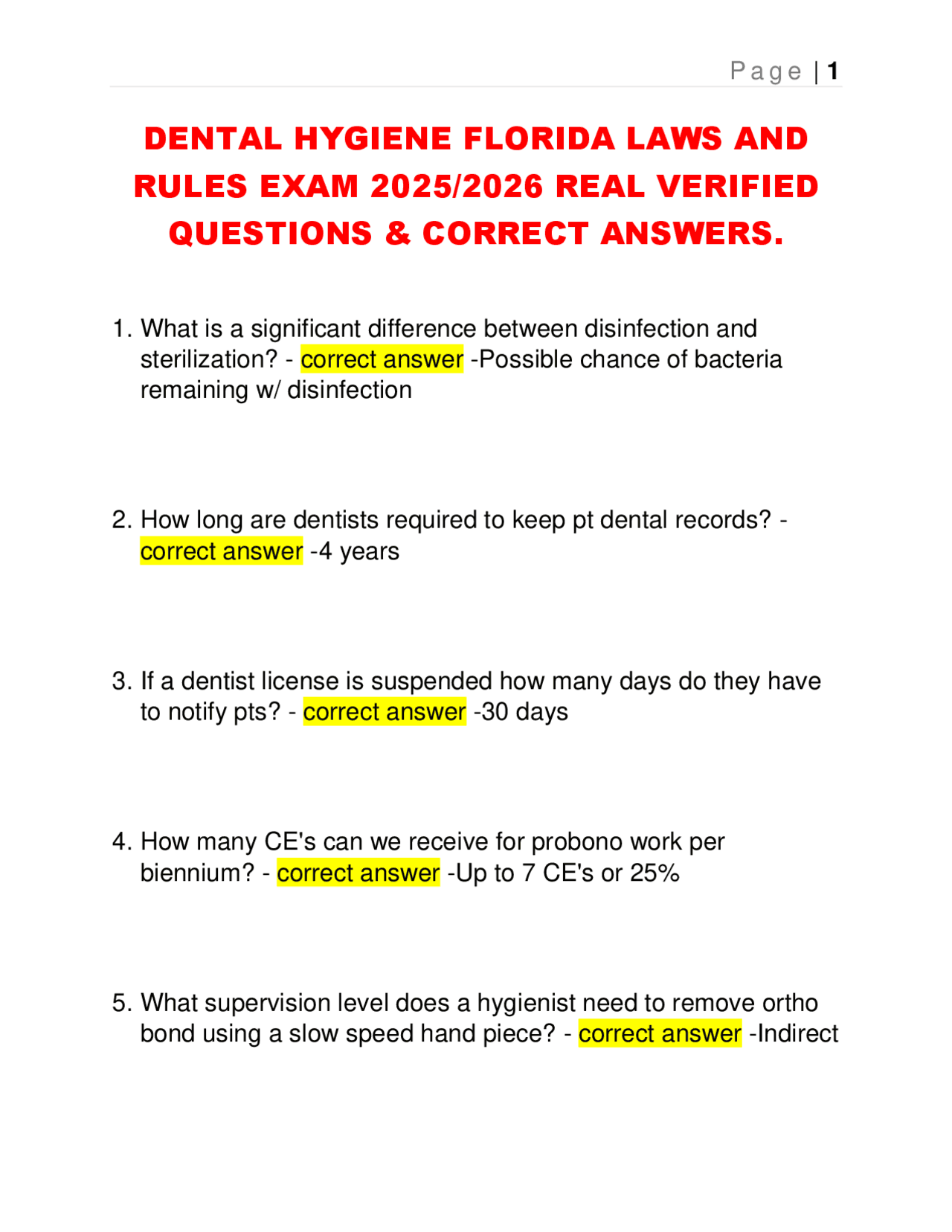DENTAL HYGIENE FLORIDA LAWS AND RULES EXAM 2025/2026 REAL VERIFIED ...