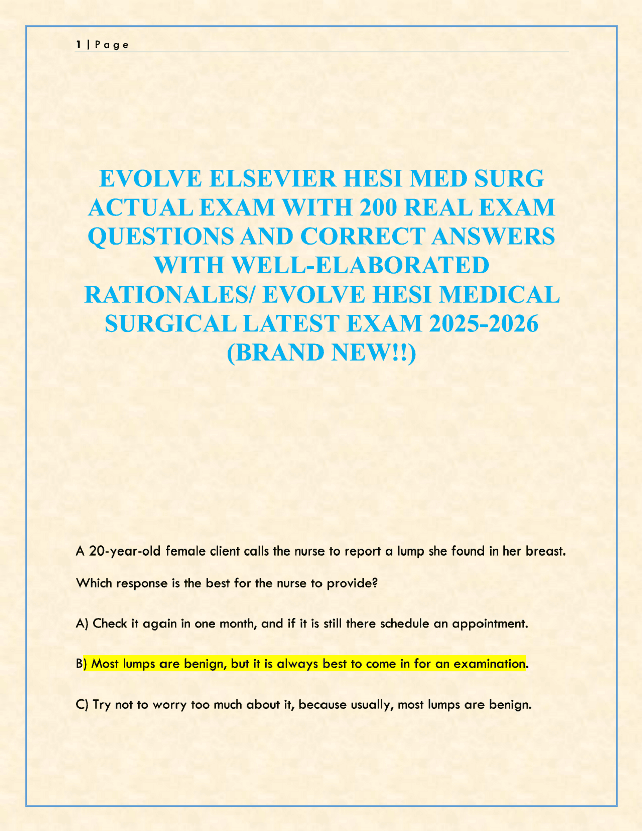 EVOLVE ELSEVIER HESI MED SURG ACTUAL EXAM WITH 200 REAL EXAM QUESTIONS ...
