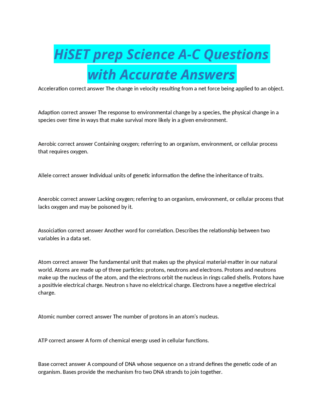 HiSET prep Science A-C Questions with Accurate Answers | Exams Physics ...