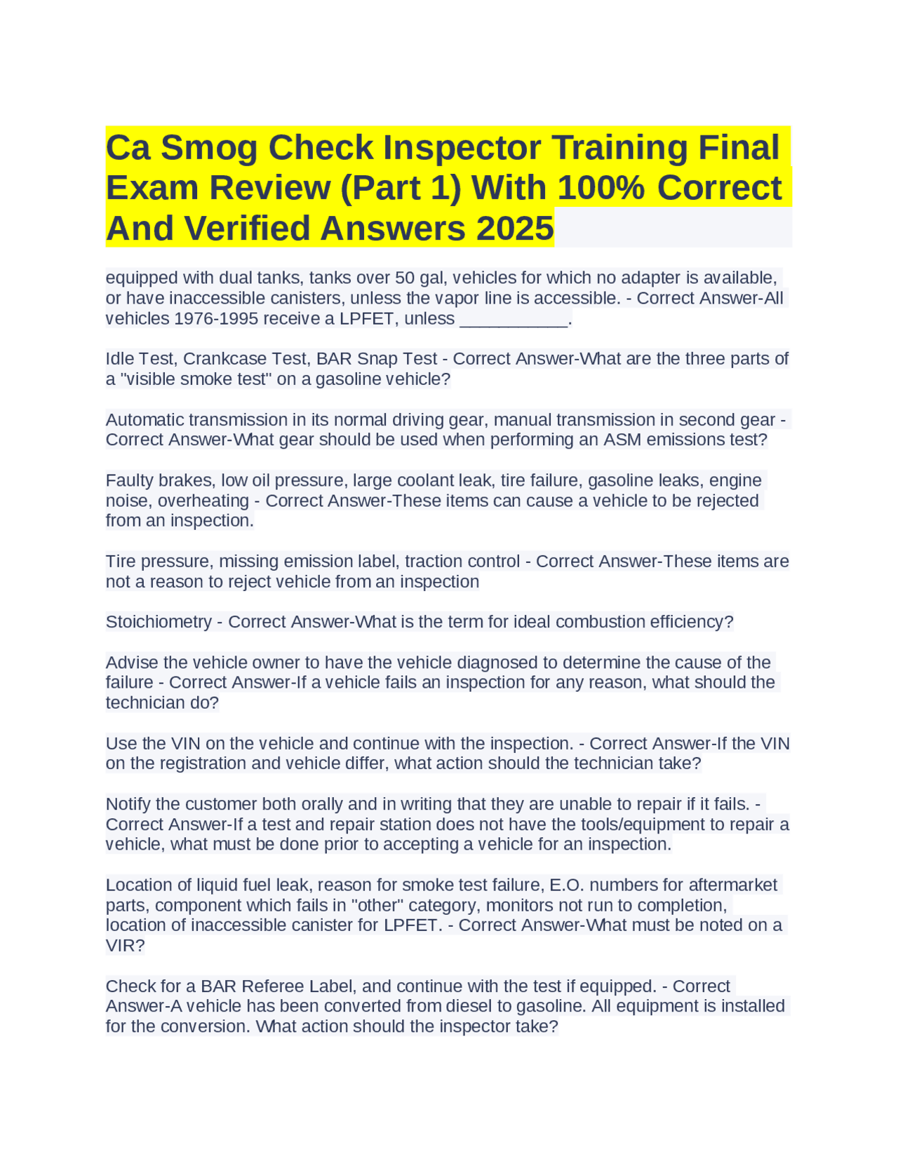 Ca Smog Check Inspector Training Final Exam Review (Part 1) With 100% ...