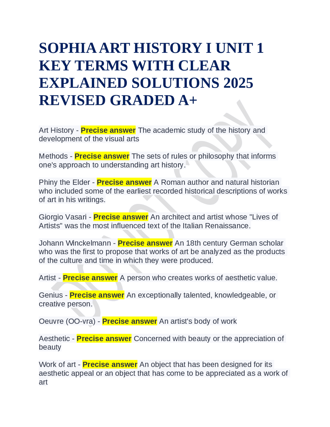 SOPHIA ART HISTORY I UNIT 1 KEY TERMS WITH CLEAR EXPLAINED SOLUTIONS ...