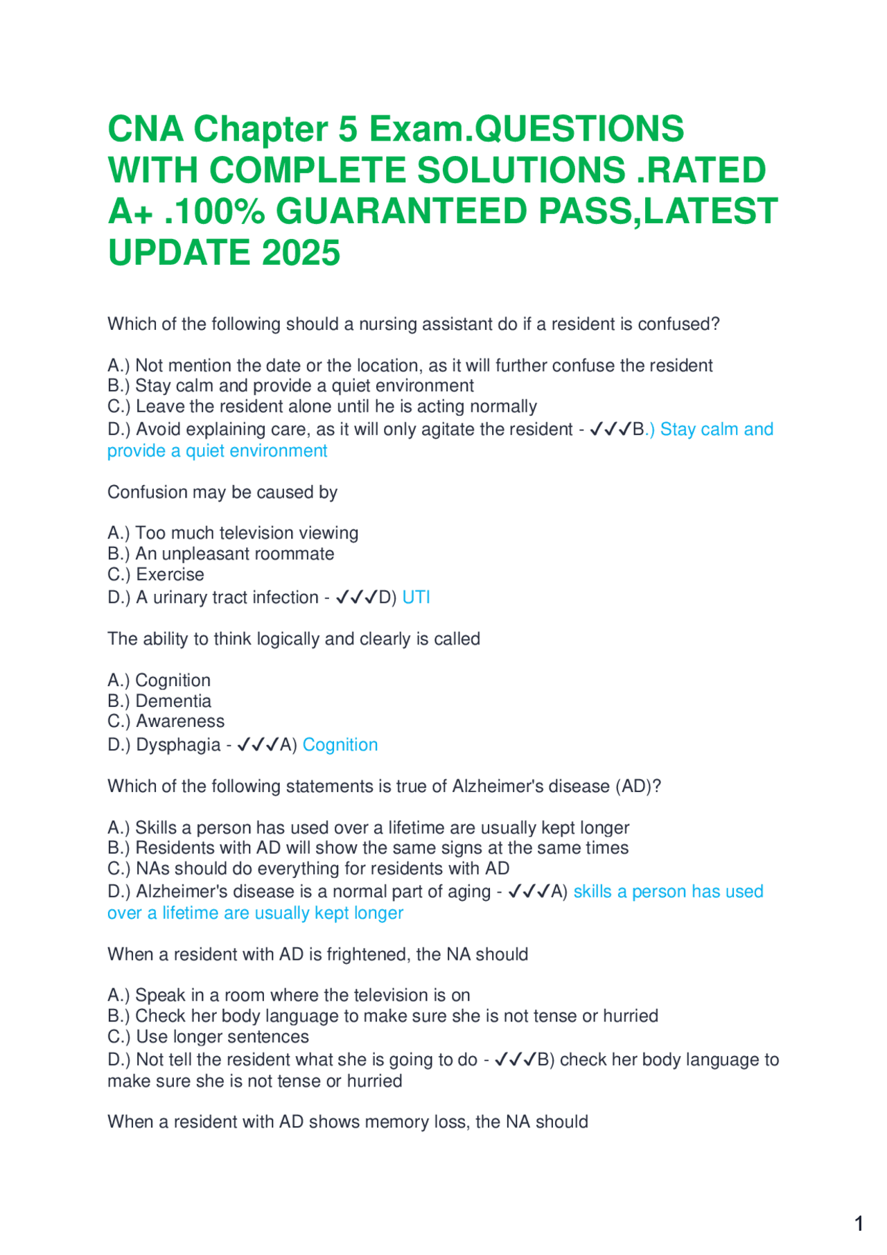 CNA Chapter 5 Exam.QUESTIONS WITH COMPLETE SOLUTIONS .RATED A+ .100% GUARANTEED PASS,LAT | Exams ...