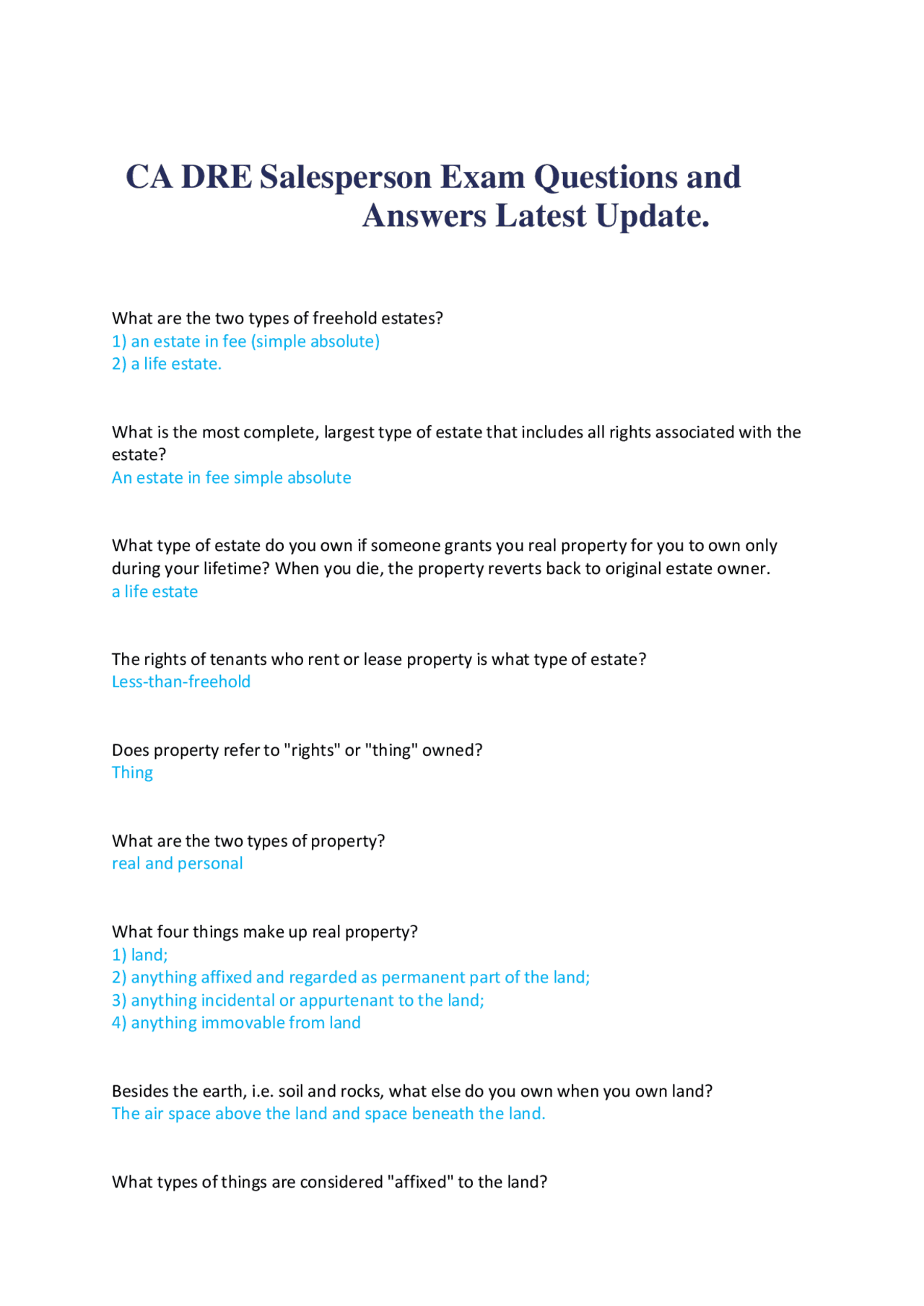 CA DRE Salesperson Exam Questions and Answers Latest Update. | Exams ...