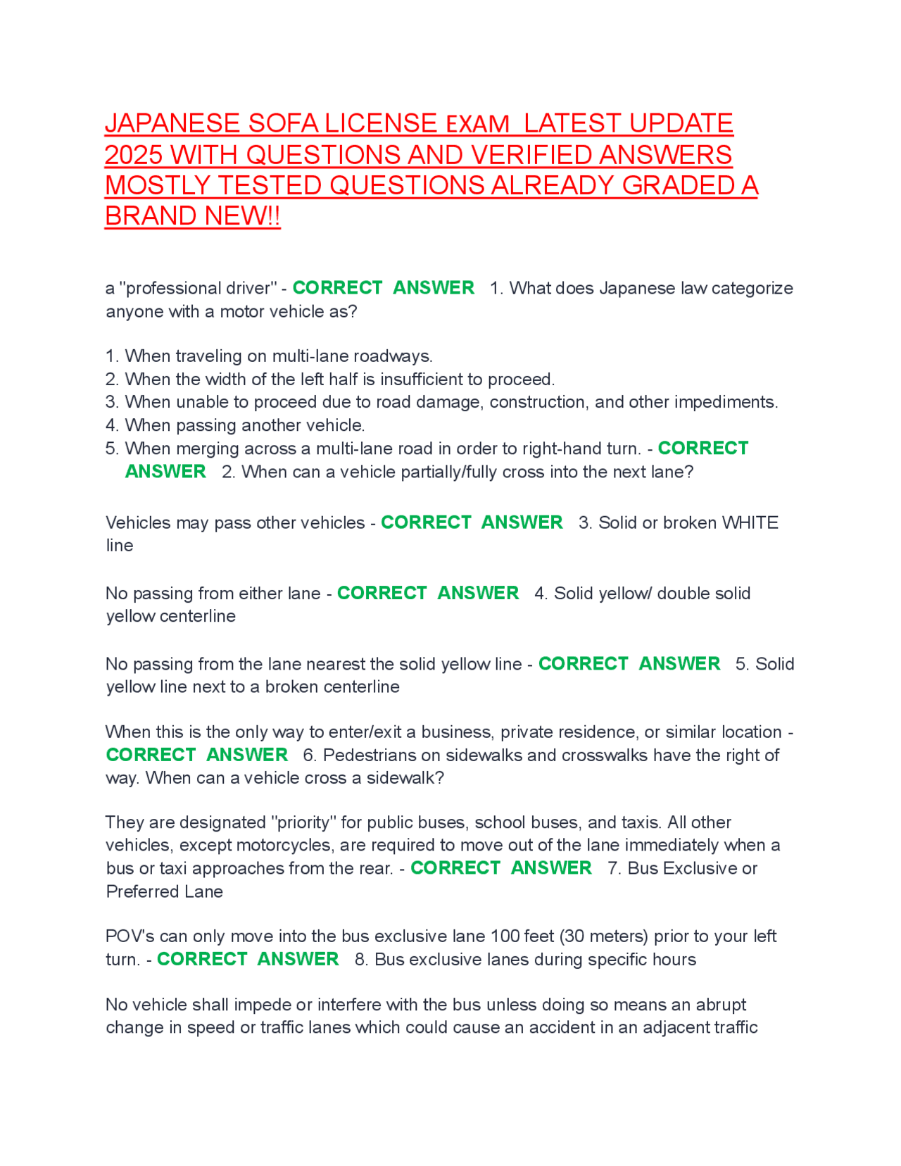 Japanese Sofa License Exam: 2025 Q&A Study Guide | Exams Nursing | Docsity