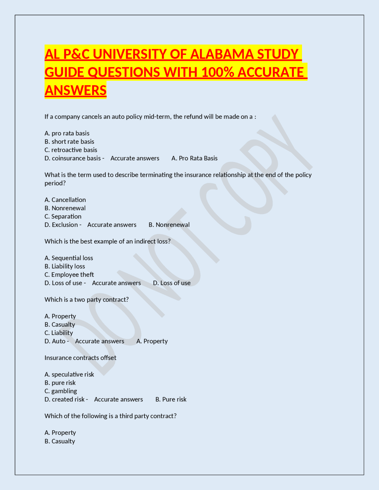 AL P&C – University of Alabama Study Guide Questions with 100% Accurate ...