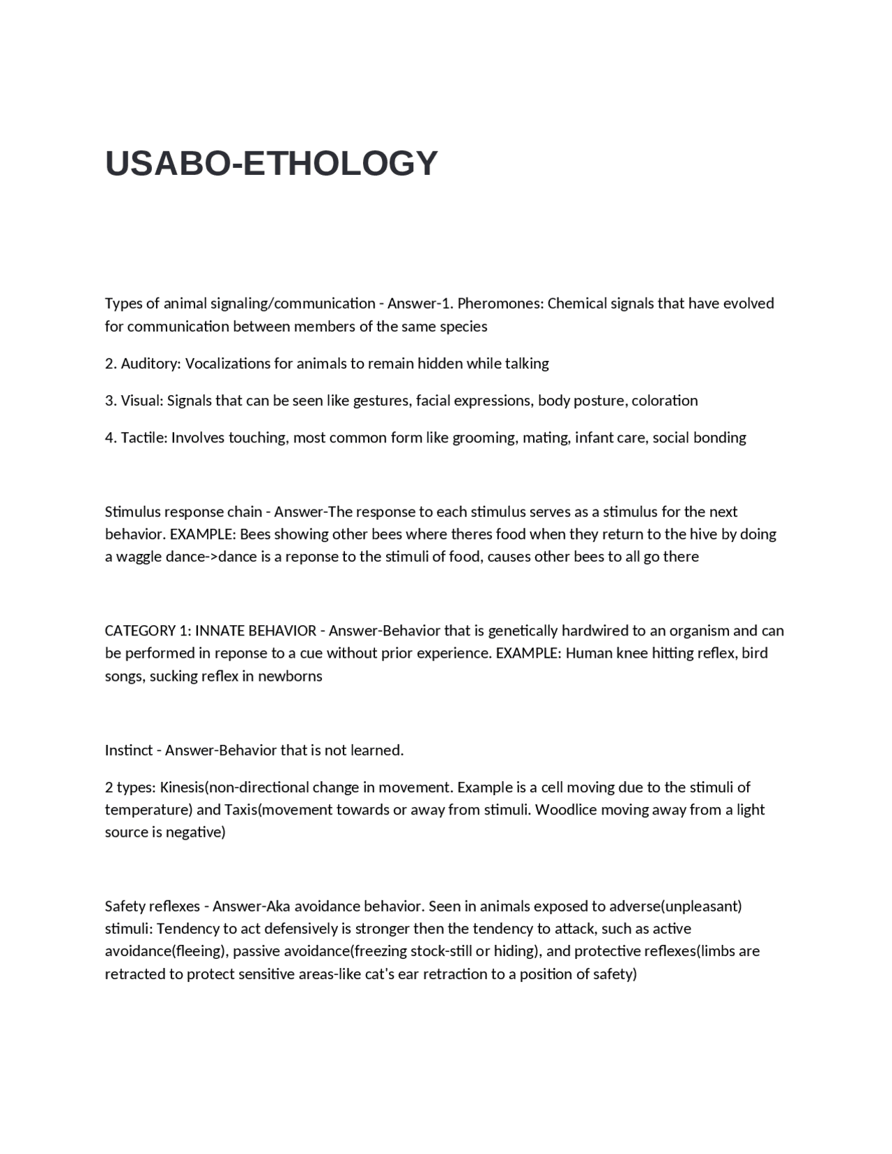 USABO Exam Questions and Answers-ETHOLOGY | Exams Nursing | Docsity