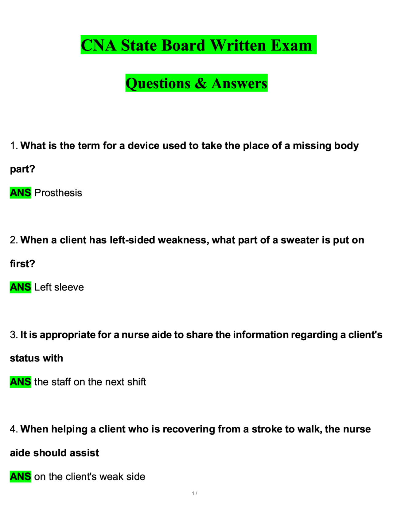 CNA STATE BOARD WRITTEN EXAM 2025 Actual Questions & Verified Answers ...