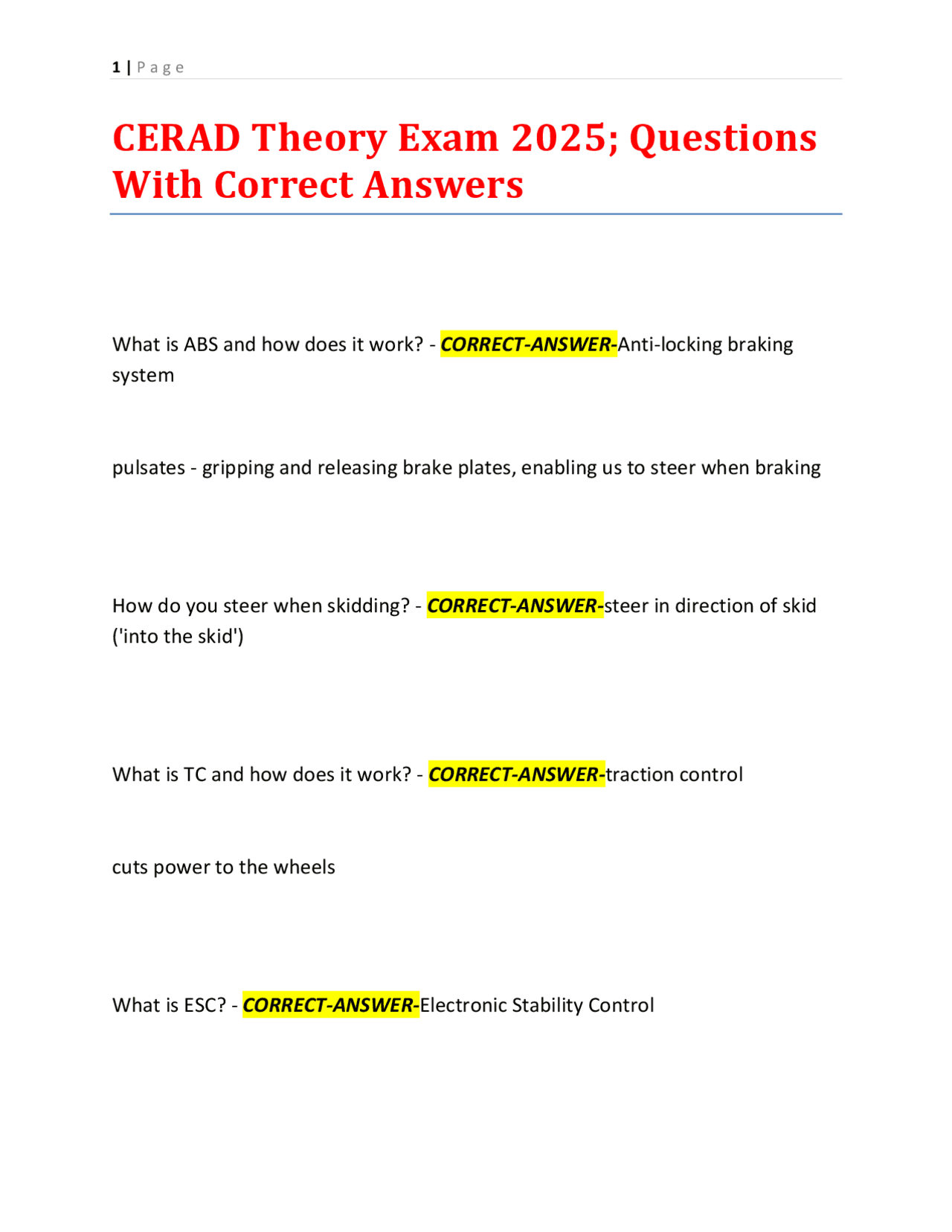 CERAD Theory Exam 2025: Vehicle Safety and Driving Techniques Q&A ...