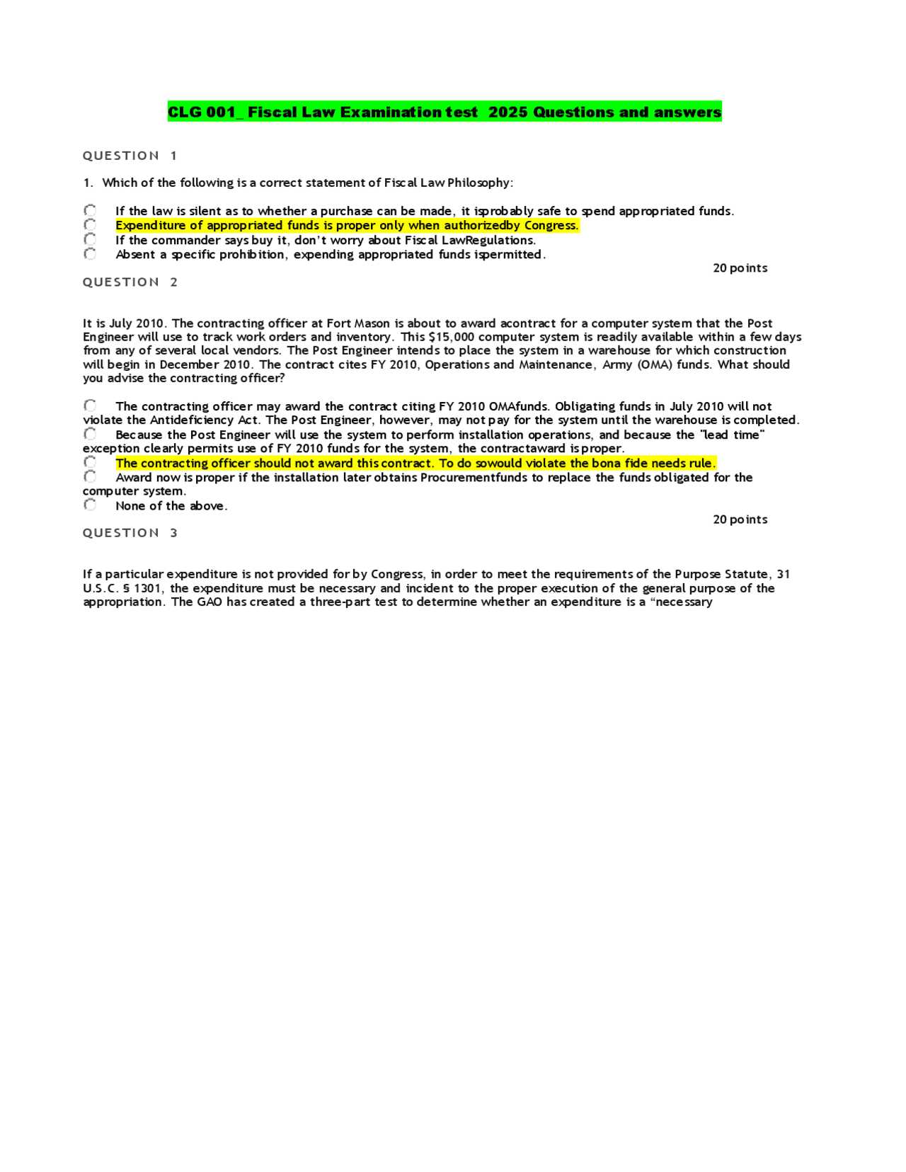 CLG 001_ Fiscal Law Examination test 2025 Questions and answers | Exams ...