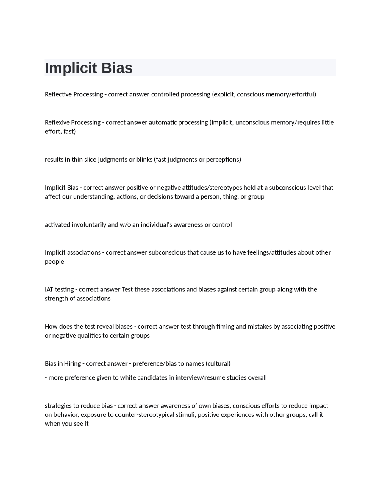 Implicit Bias Question and answers rated A+ 2025 | Exams Nursing | Docsity