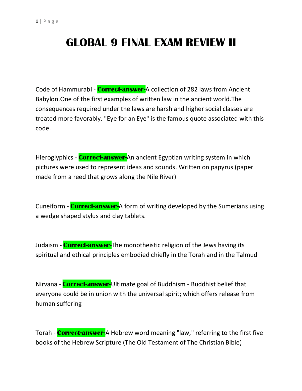 GLOBAL 9 FINAL EXAM REVIEW II | Exams Advanced Education | Docsity