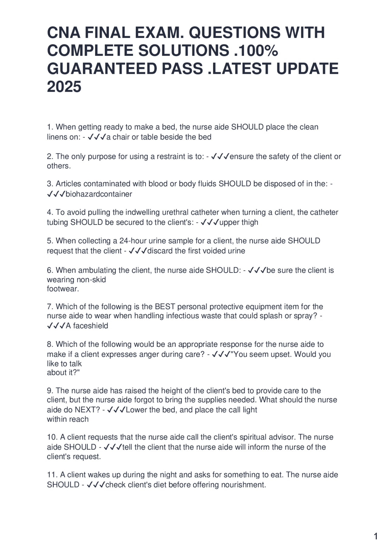 CNA FINAL EXAM .QUESTIONS WITH VERIFIED SOLUTIONS .100% GUARANTEED PASS ...