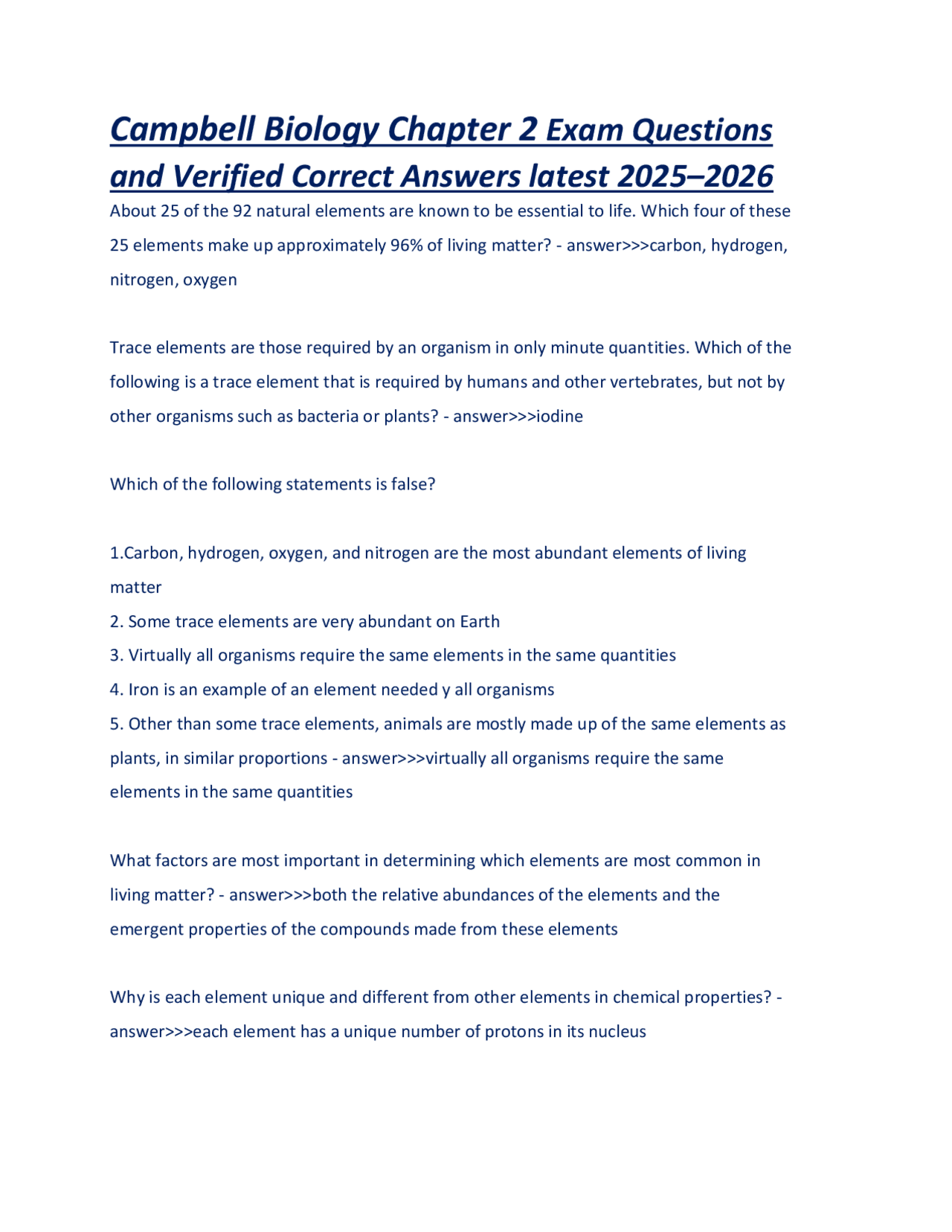 Campbell Biology Chapter 2 Exam Questions and Verified Correct Answers ...