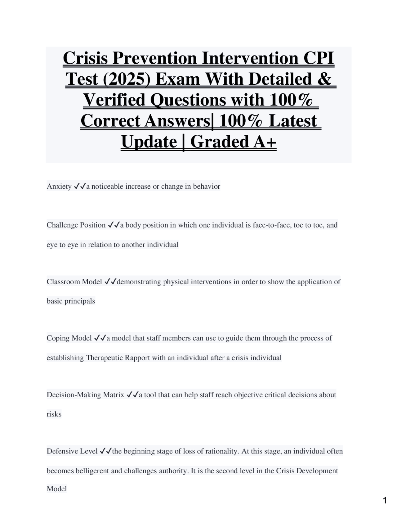 Crisis Prevention Intervention CPI Test (2025) Exam With Detailed ...