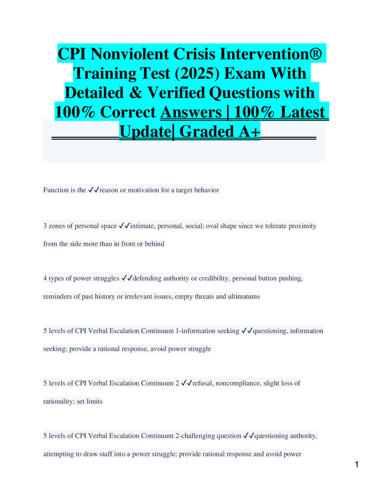 CPI Nonviolent Crisis Intervention® Training Test (2025) Exam With ...