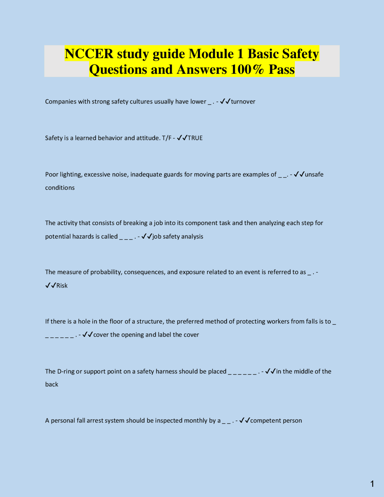 NCCER study guide Module 1 Basic Safety Questions and Answers 100% Pass ...