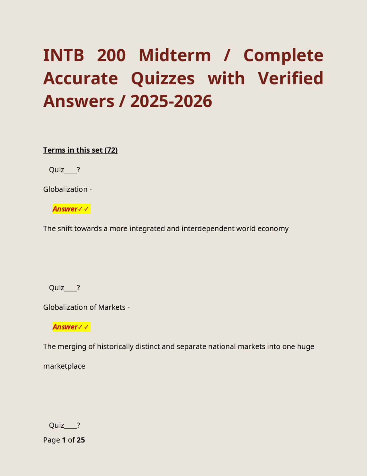 INTB 200 Midterm / Complete Accurate Quizzes with Verified Answers ...