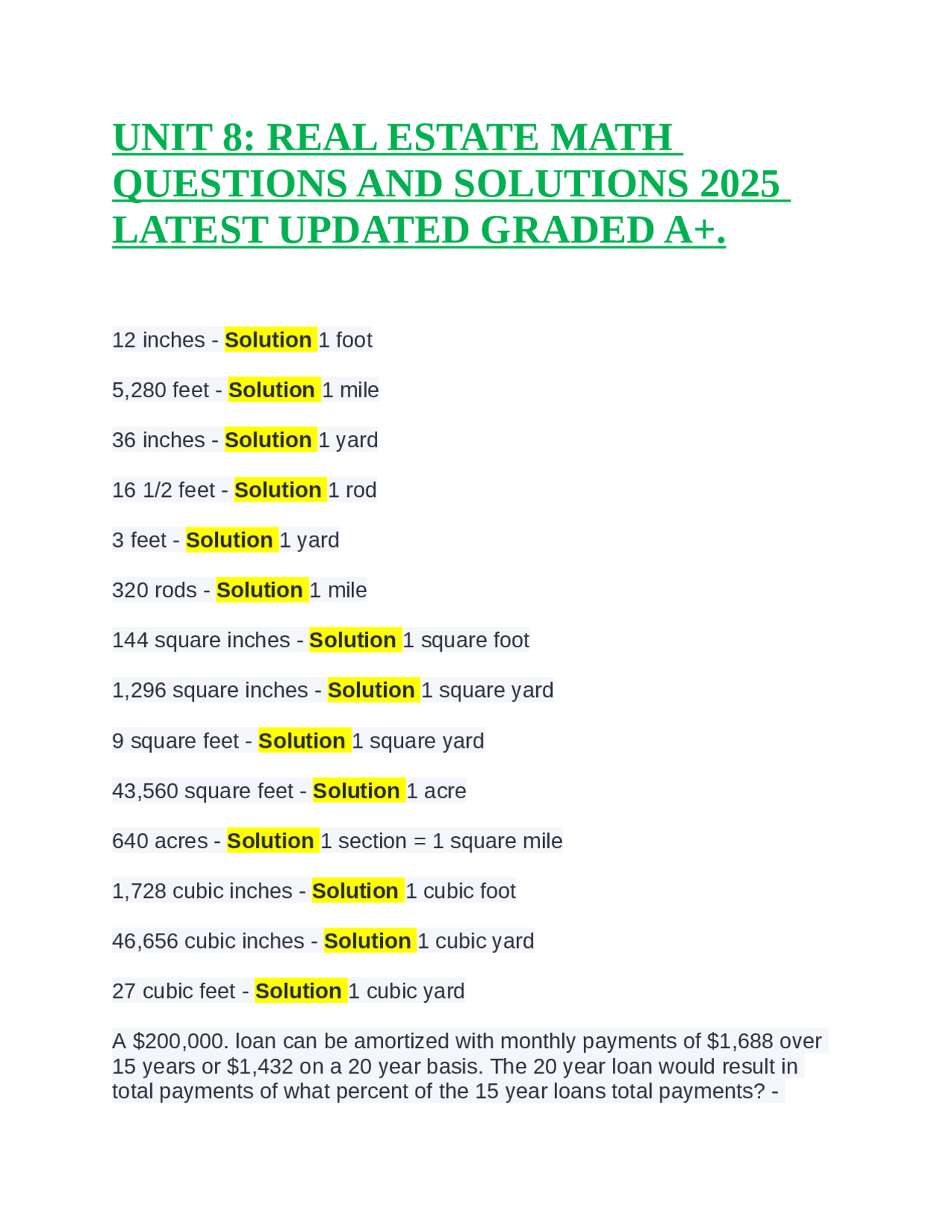 UNIT 8 REAL ESTATE MATH QUESTIONS AND SOLUTIONS 2025 LATEST UPDATED ...