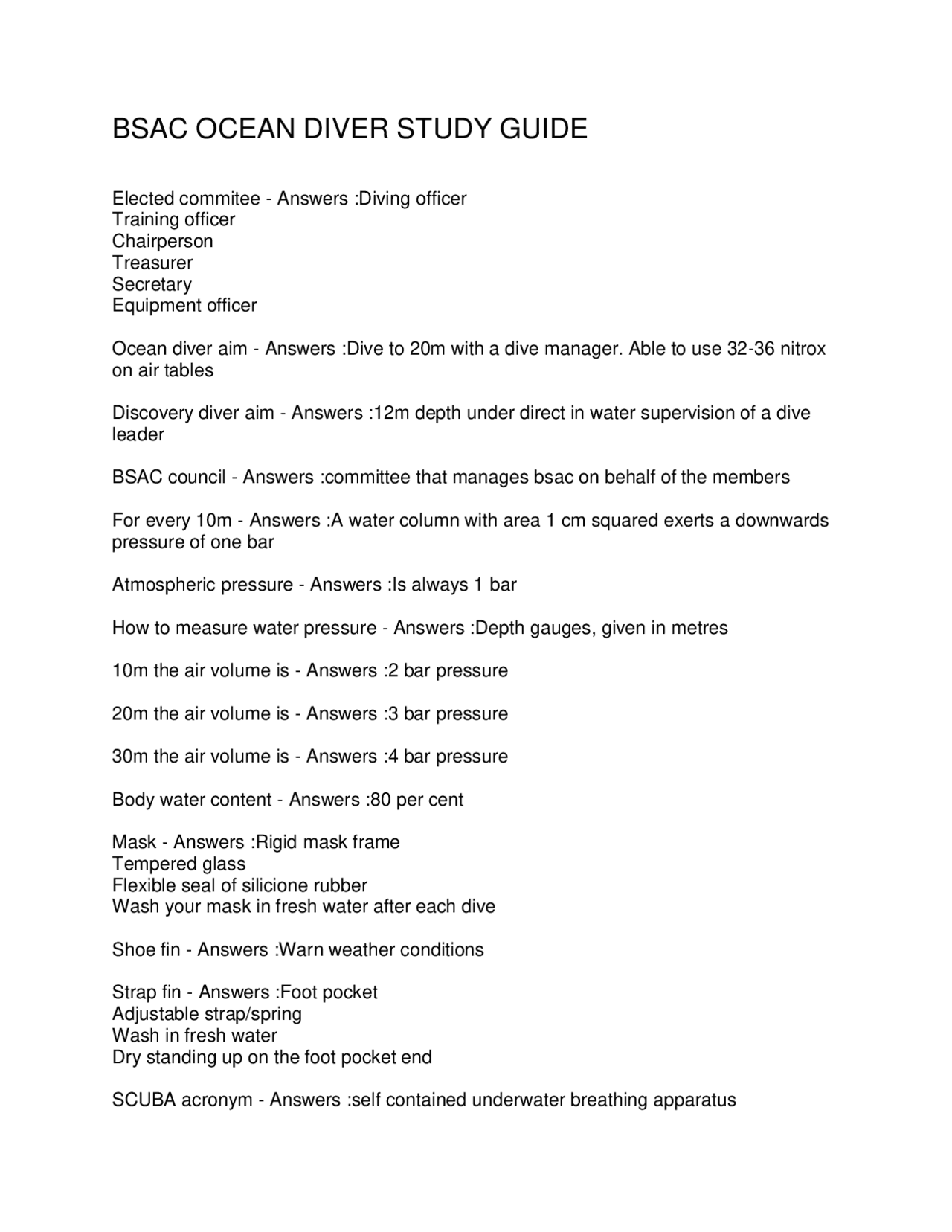 BSAC OCEAN DIVER STUDY GUIDE | Exams Social Sciences | Docsity