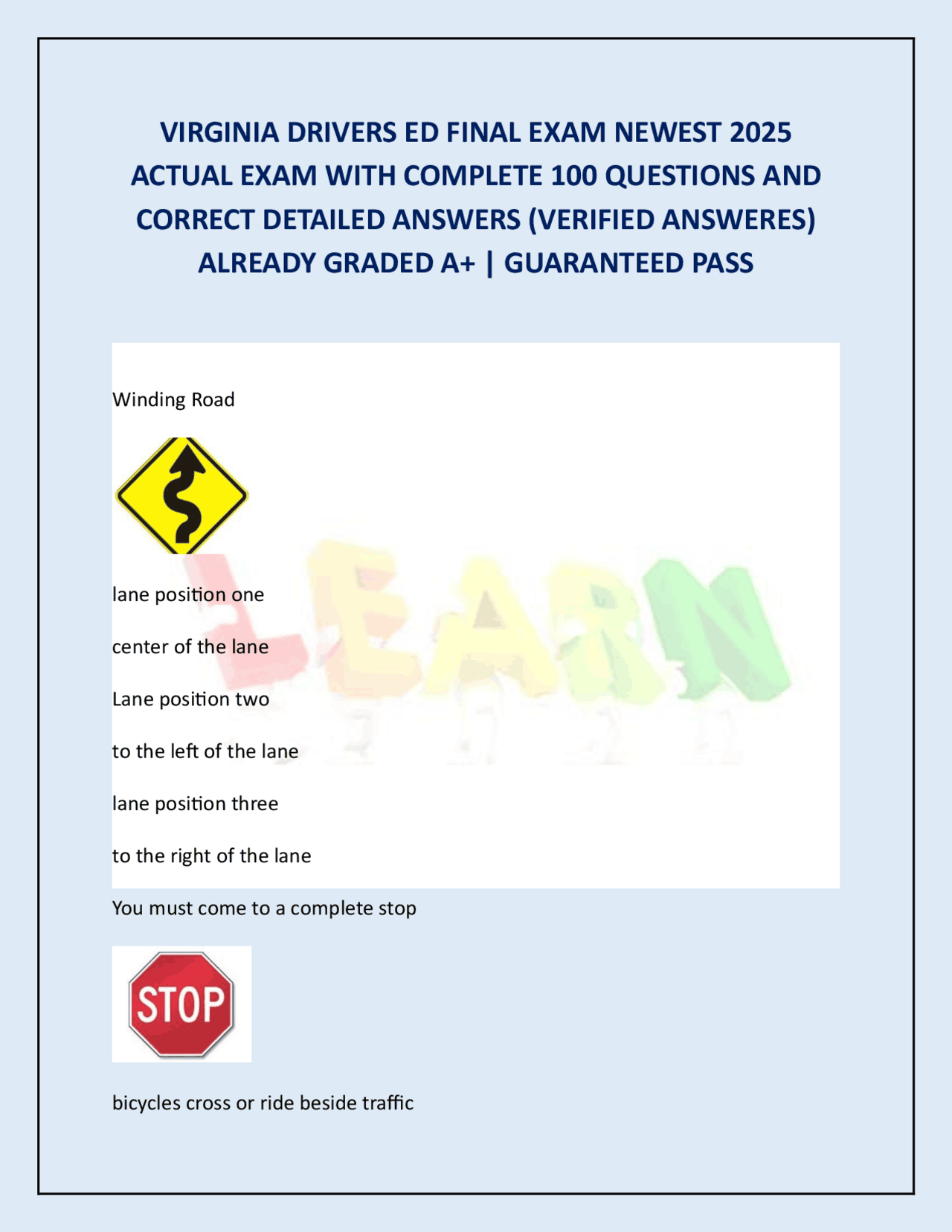 VIRGINIA DRIVERS ED FINAL EXAM NEWEST 2025 ACTUAL EXAM WITH COMPLETE ...