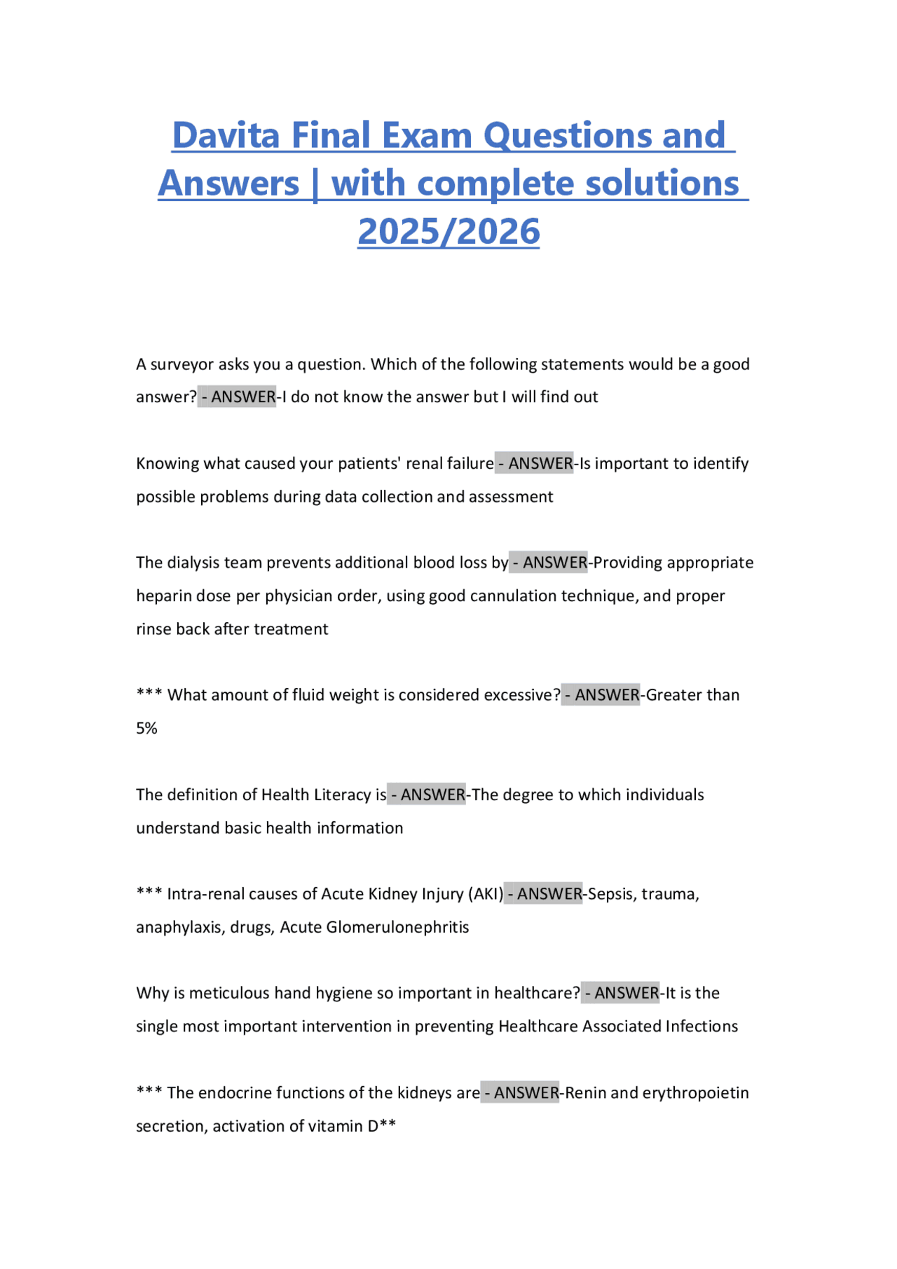 Davita Final Exam Questions and Answers | with complete solutions ...