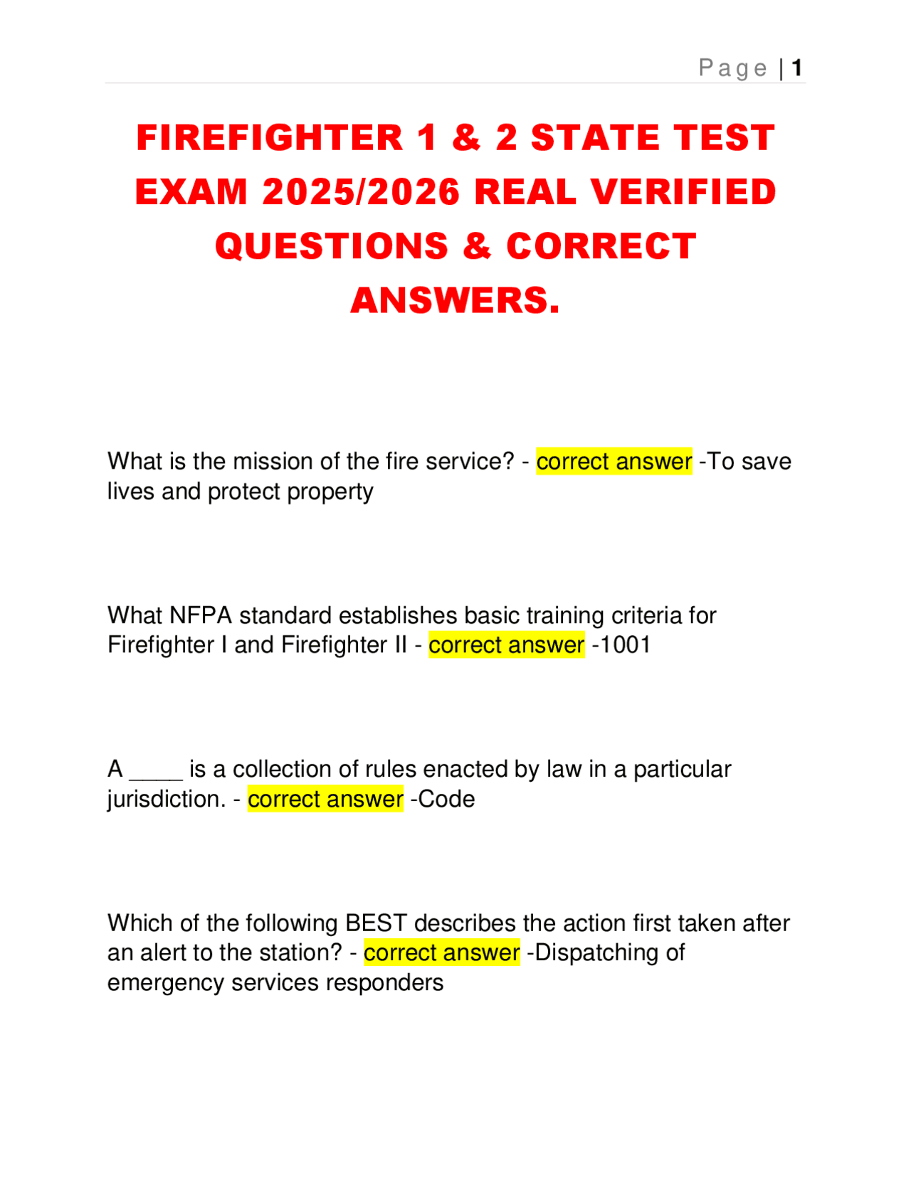 FIREFIGHTER 1 & 2 STATE TEST EXAM 2025/2026 REAL VERIFIED QUESTIONS ...