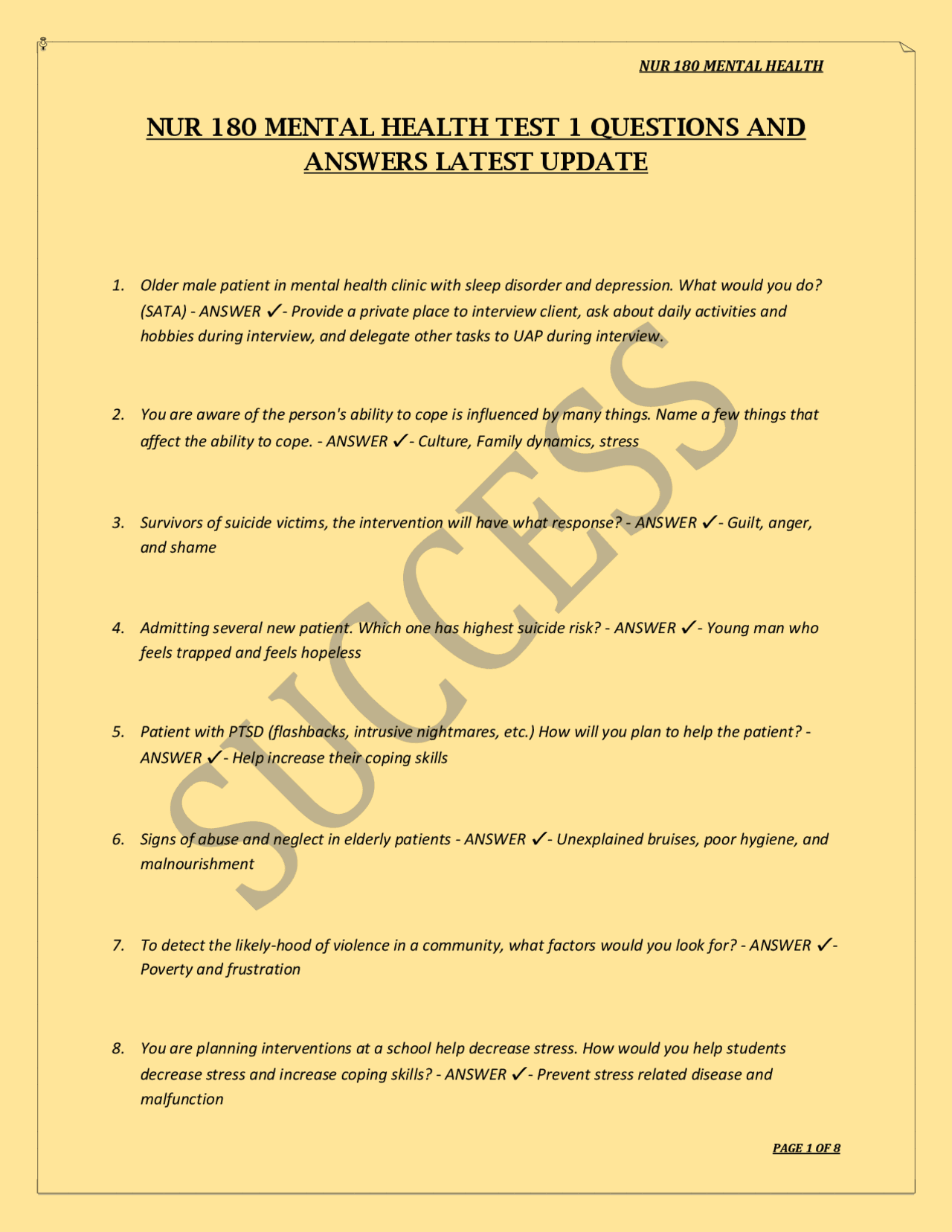 NUR 180 MENTAL HEALTH TEST 1 QUESTIONS AND ANSWERS LATEST UPDATE ...