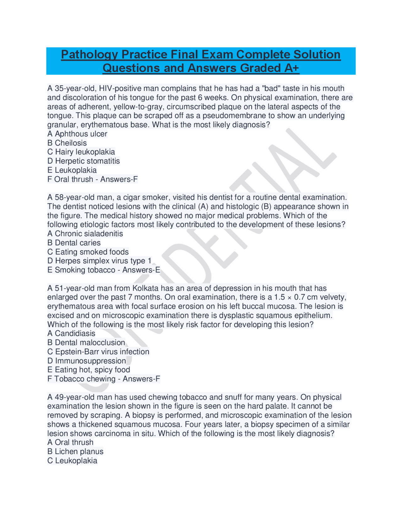 Pathology Practice Final Exam Complete Solution Questions and Answers ...