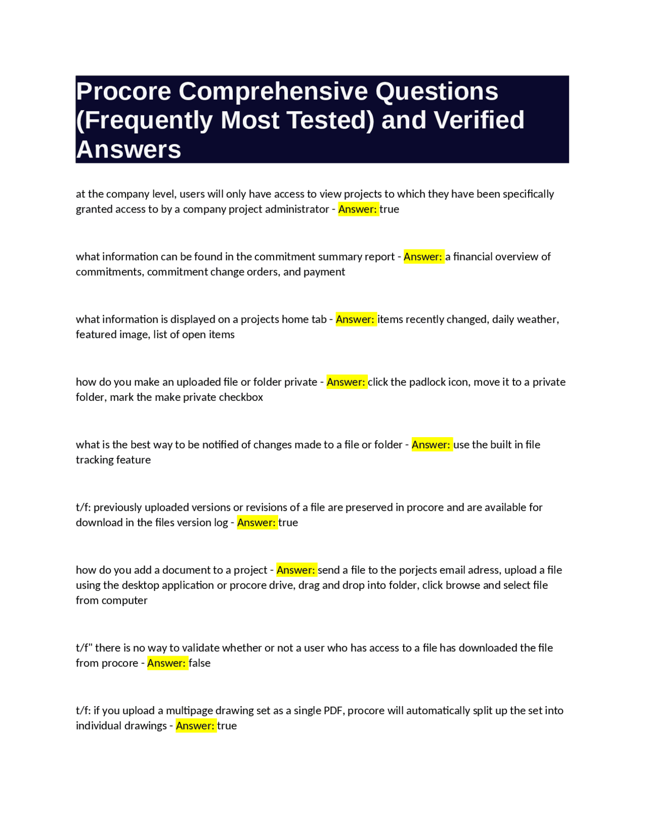 Procore Comprehensive Questions (Frequently Most Tested) and Verified ...