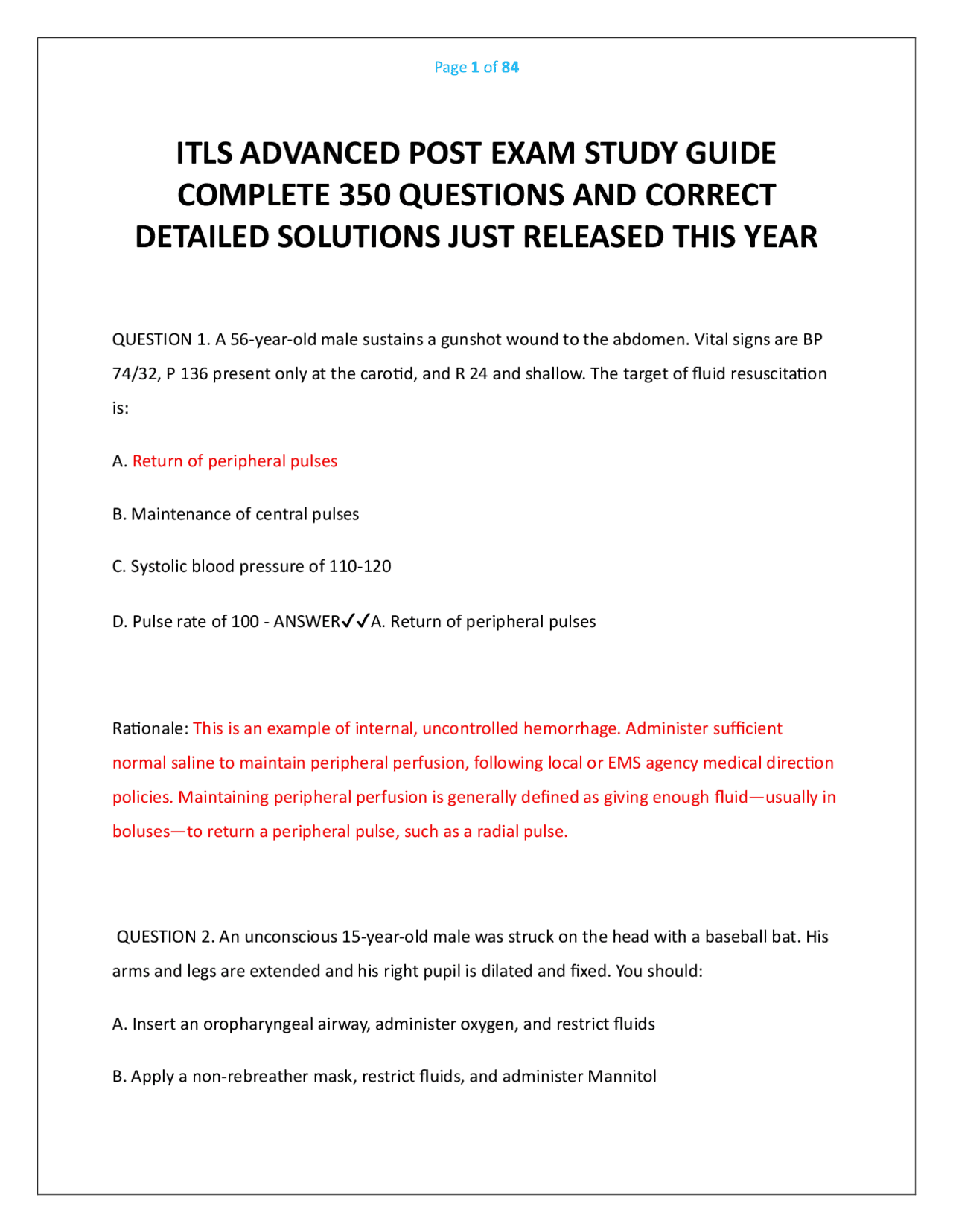 ITLS ADVANCED POST EXAM STUDY GUIDE COMPLETE 350 QUESTIONS AND CORRECT ...