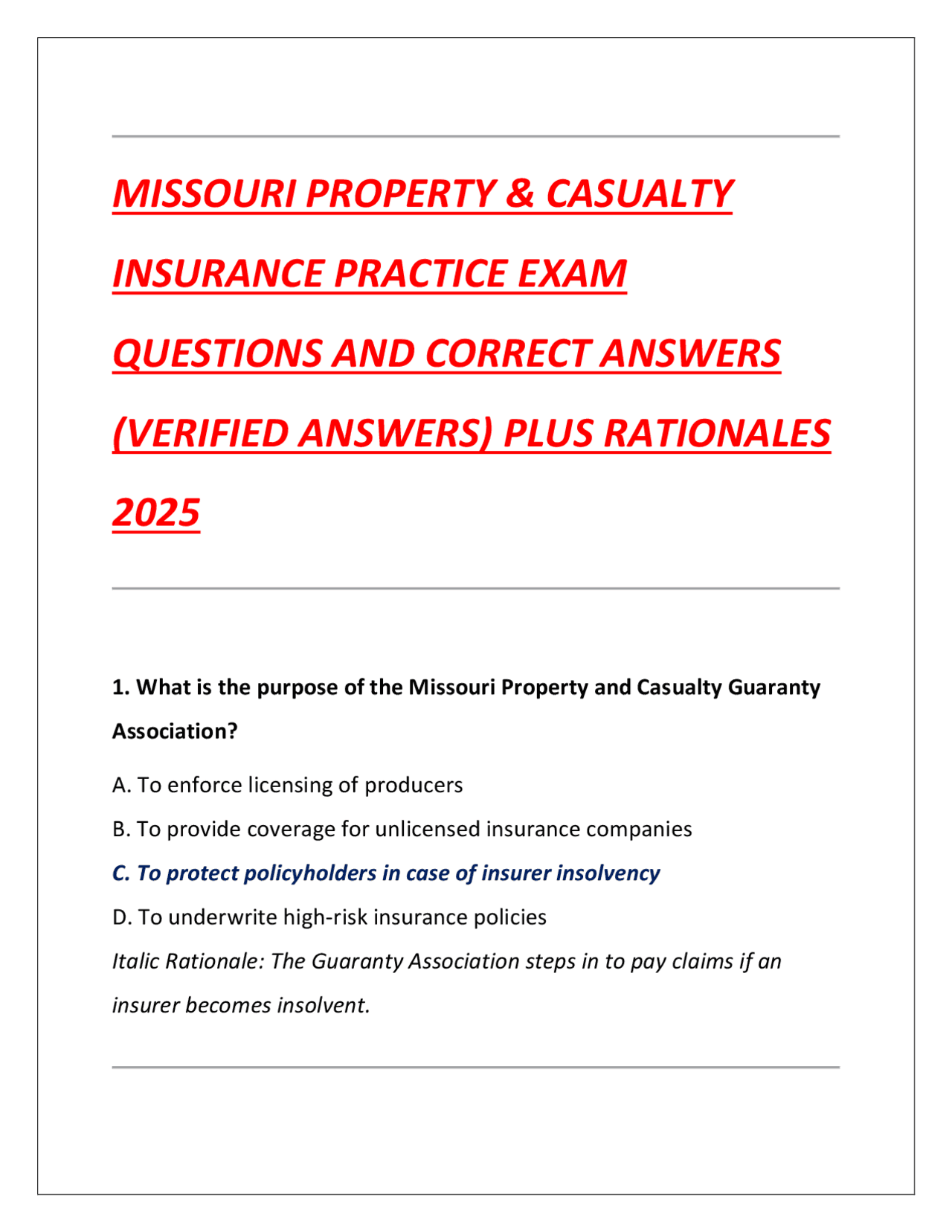 MISSOURI PROPERTY & CASUALTY INSURANCE PRACTICE EXAM QUESTIONS AND ...