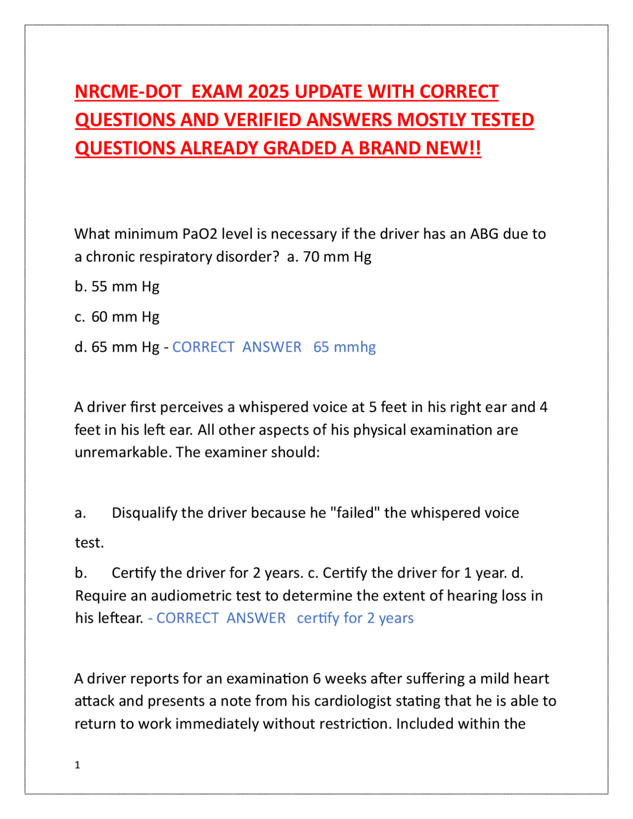 NRCME-DOT EXAM 2025 UPDATE WITH CORRECT QUESTIONS AND VERIFIED ANSWERS ...