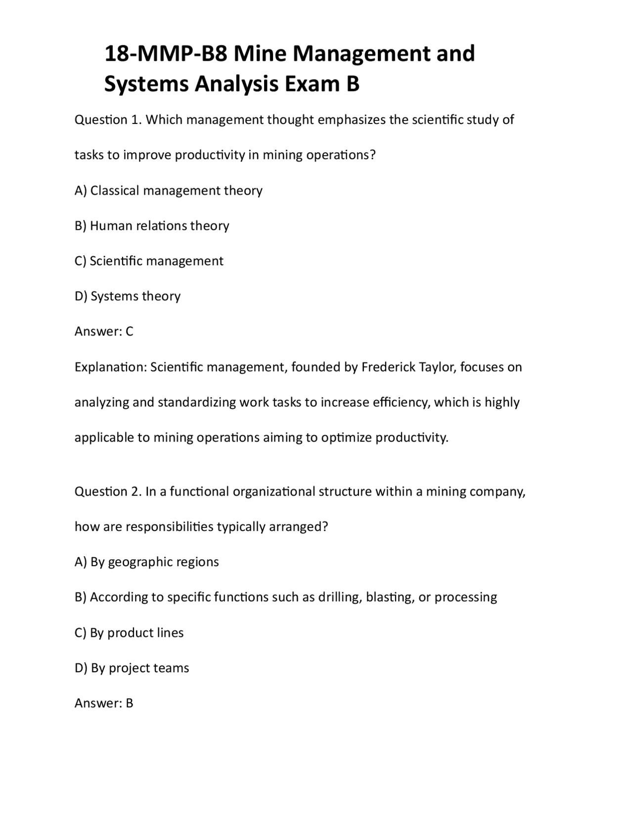 18-MMP-B8 Mine Management and Systems Analysis Exam B | Exams Technology | Docsity
