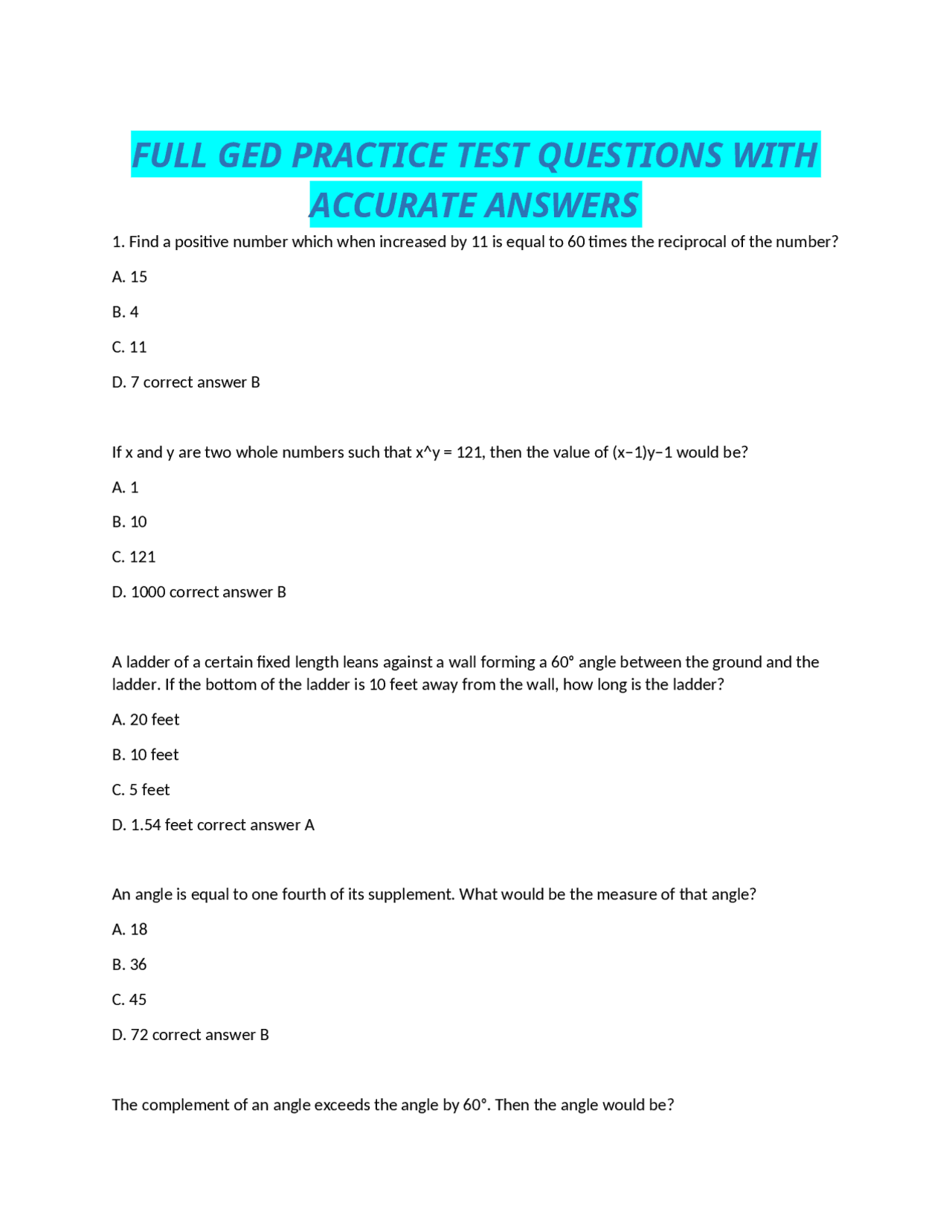 FULL GED PRACTICE TEST QUESTIONS WITH ACCURATE ANSWERS | Exams ...