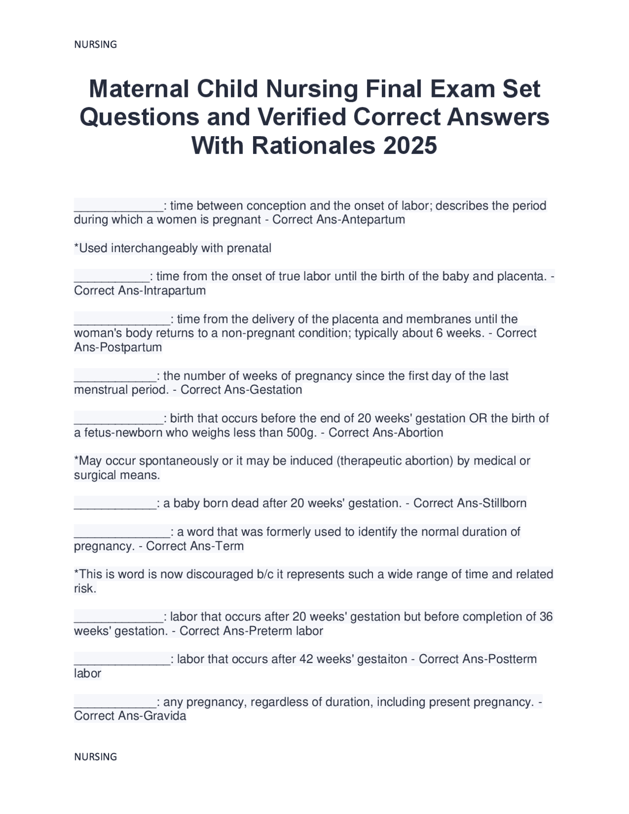 Maternal Child Nursing Final Exam Set Questions and Verified Correct ...
