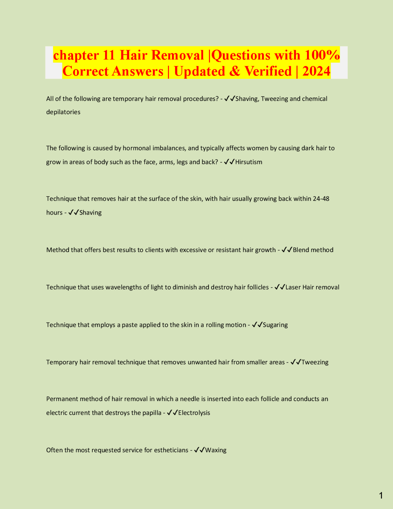 chapter 11 Hair Removal |Questions with 100% Correct Answers | Updated ...