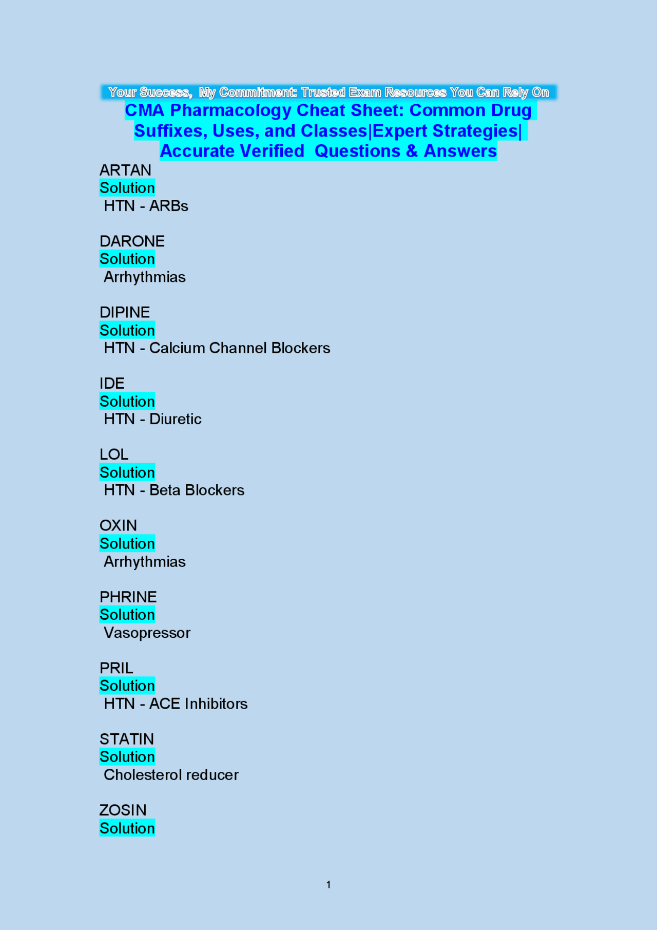 CMA Pharmacology Cheat Sheet: Drug Suffixes and Classifications ...