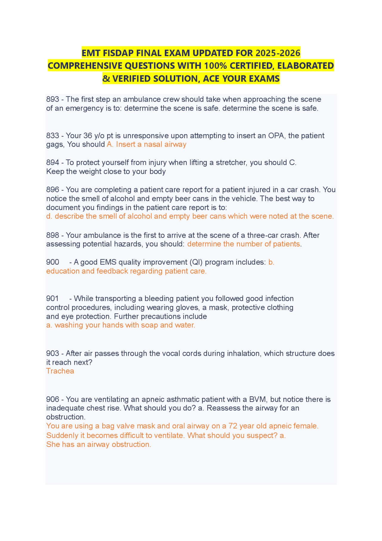 EMT FISDAP FINAL EXAM UPDATED FOR 2025-2026 COMPREHENSIVE QUESTIONS WITH 100% CERTIFIED, | Exams ...