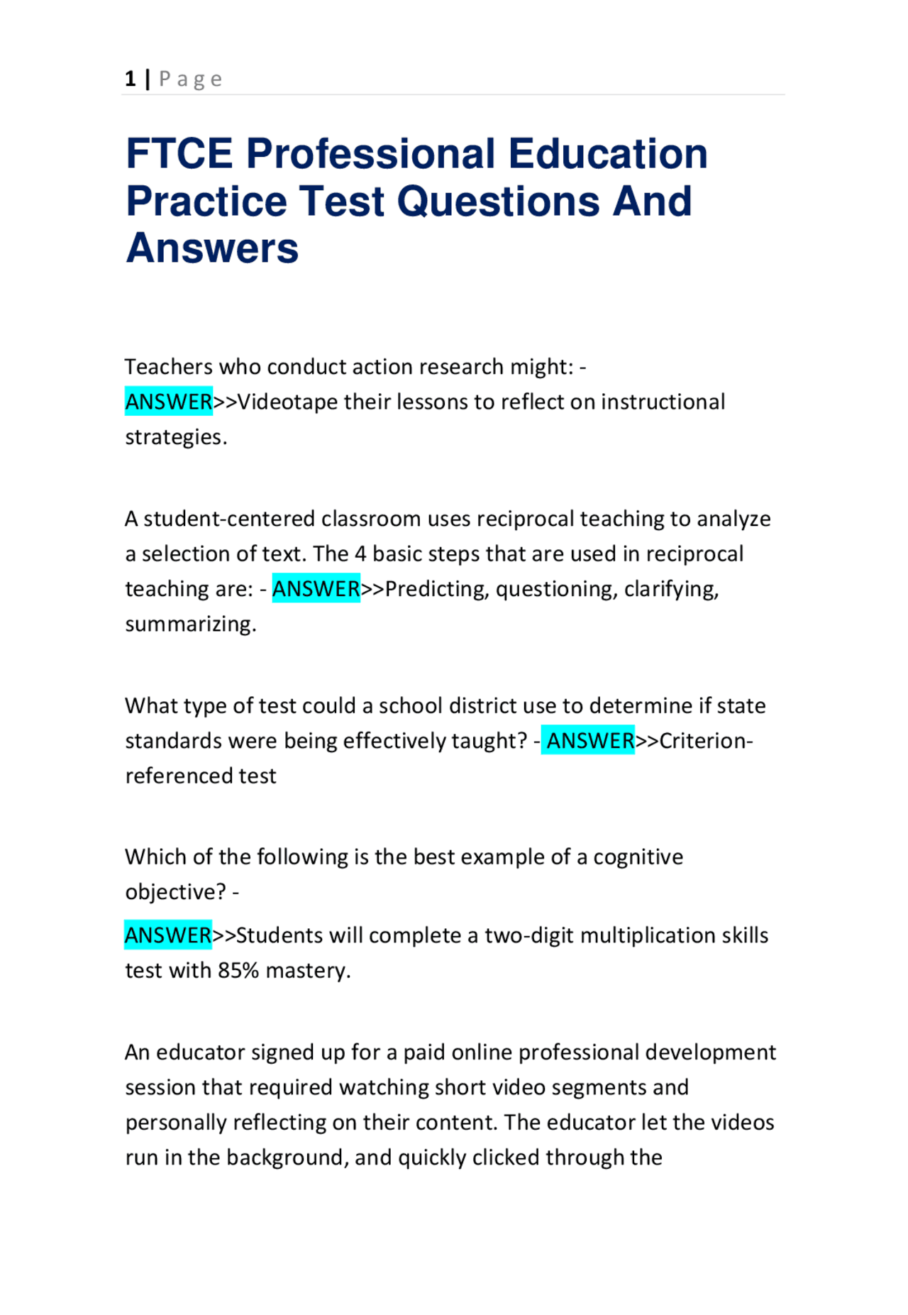 FTCE Professional Education Practice Test Questions And Answers | Exams ...