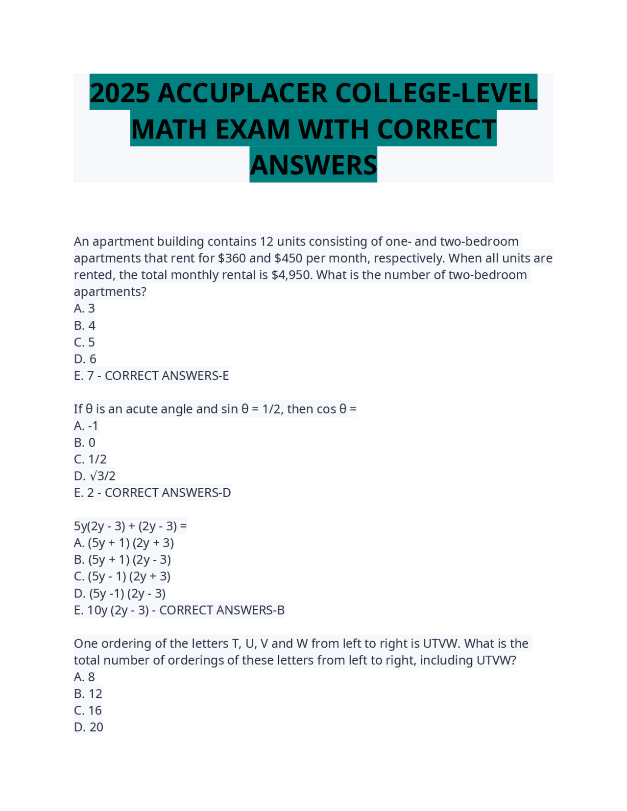 2025 ACCUPLACER COLLEGE-LEVEL MATH EXAM WITH CORRECT ANSWERS | Exams ...