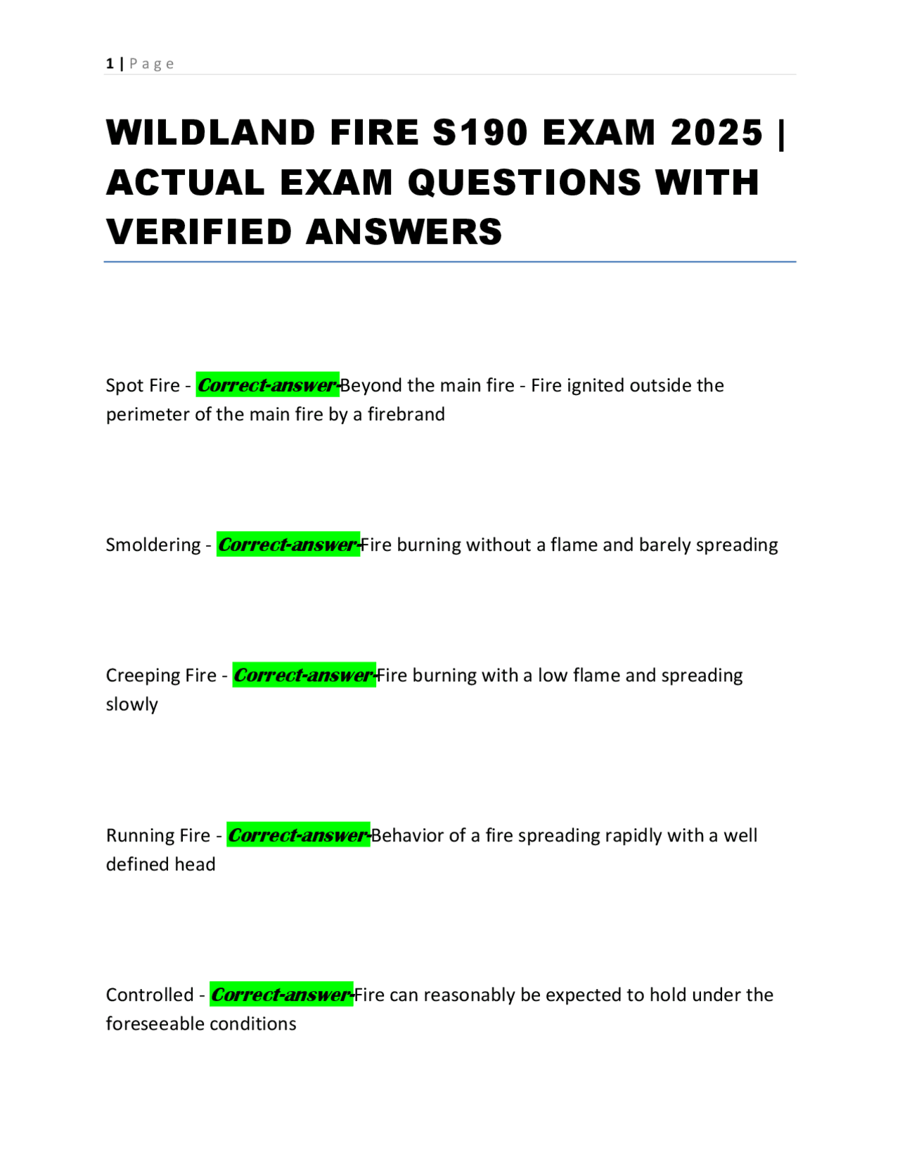 WILDLAND FIRE S190 EXAM 2025 | ACTUAL EXAM QUESTIONS WITH VERIFIED ...