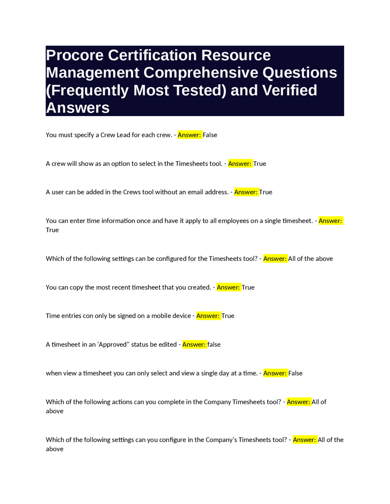 Procore Certification Resource Management Comprehensive Questions ...