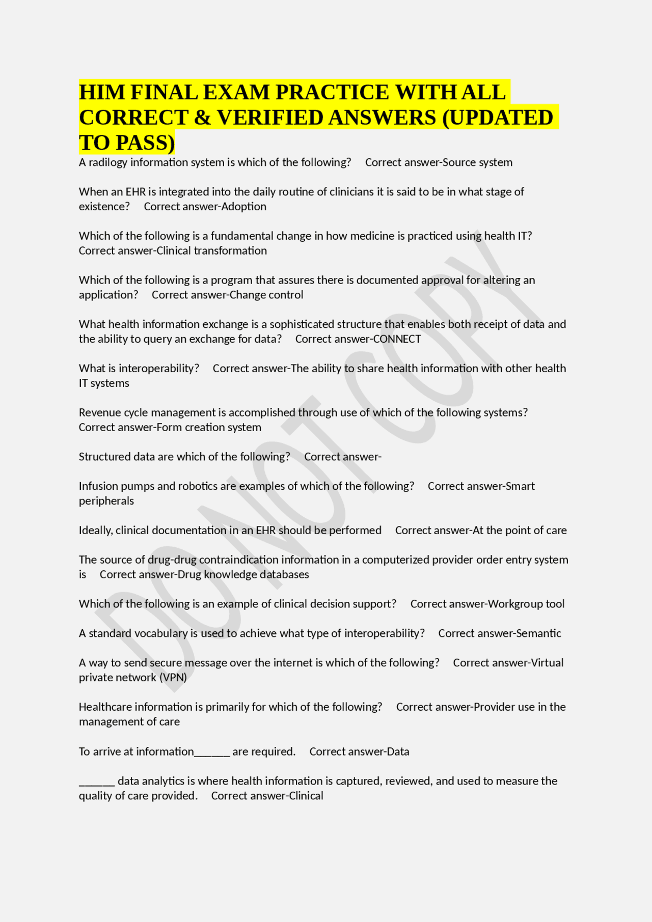 HIM FINAL EXAM PRACTICE WITH ALL CORRECT & VERIFIED ANSWERS (UPDATED TO ...