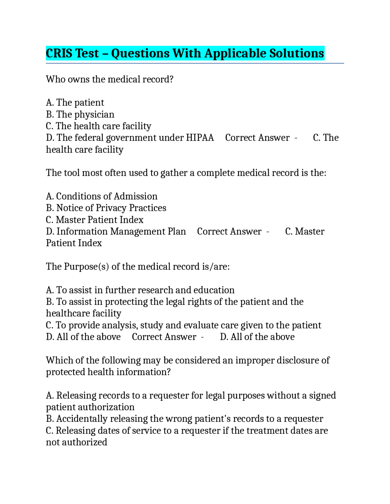 CRIS Test – Questions With Applicable Solutions | Exams Nursing | Docsity